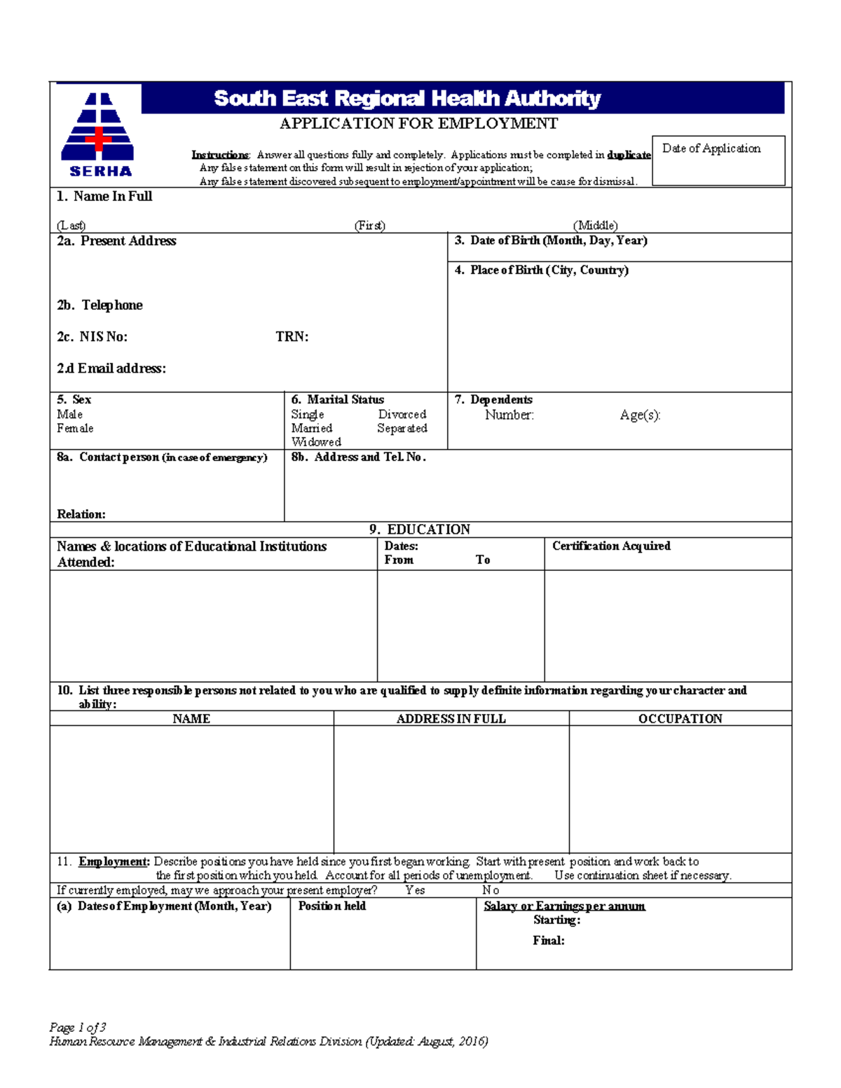 Serha Application Form - South East Regional Health Authority ...