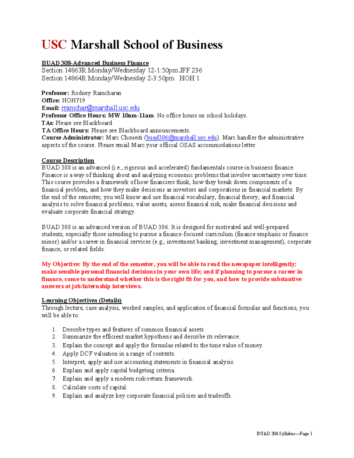 Buad 308 syllabus - Slyabus - USC Marshall School of Business BUAD 308 - Advanced Business ...