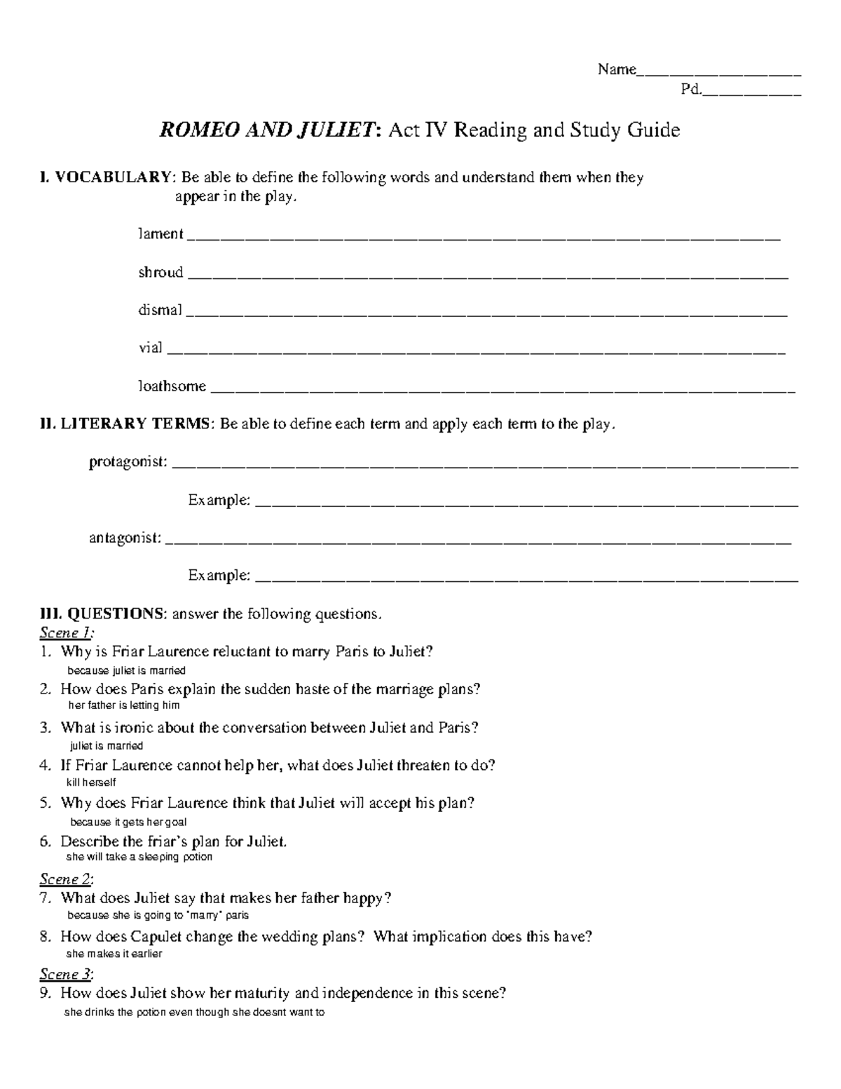 Romeo Act 4 - Name____________________ Pd.____________ ROMEO AND JULIET ...