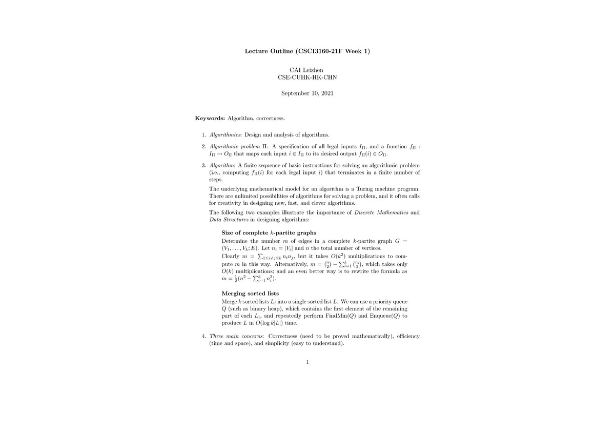 1- intro - algorithms, correctness - LectureOutline(CSCI3160-21F Week 1) CAILeizhen CSE-CUHK-HK ...