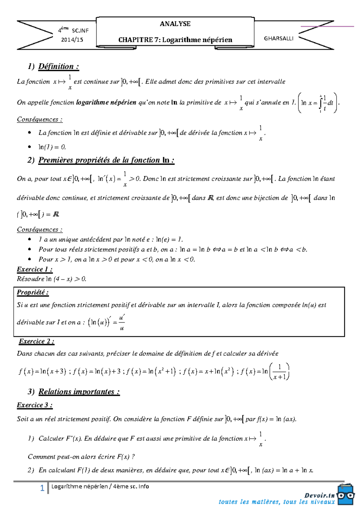 Cours logarithme néperien 2015 2016 (mr gharsalli zinelabidine) - 1 ...