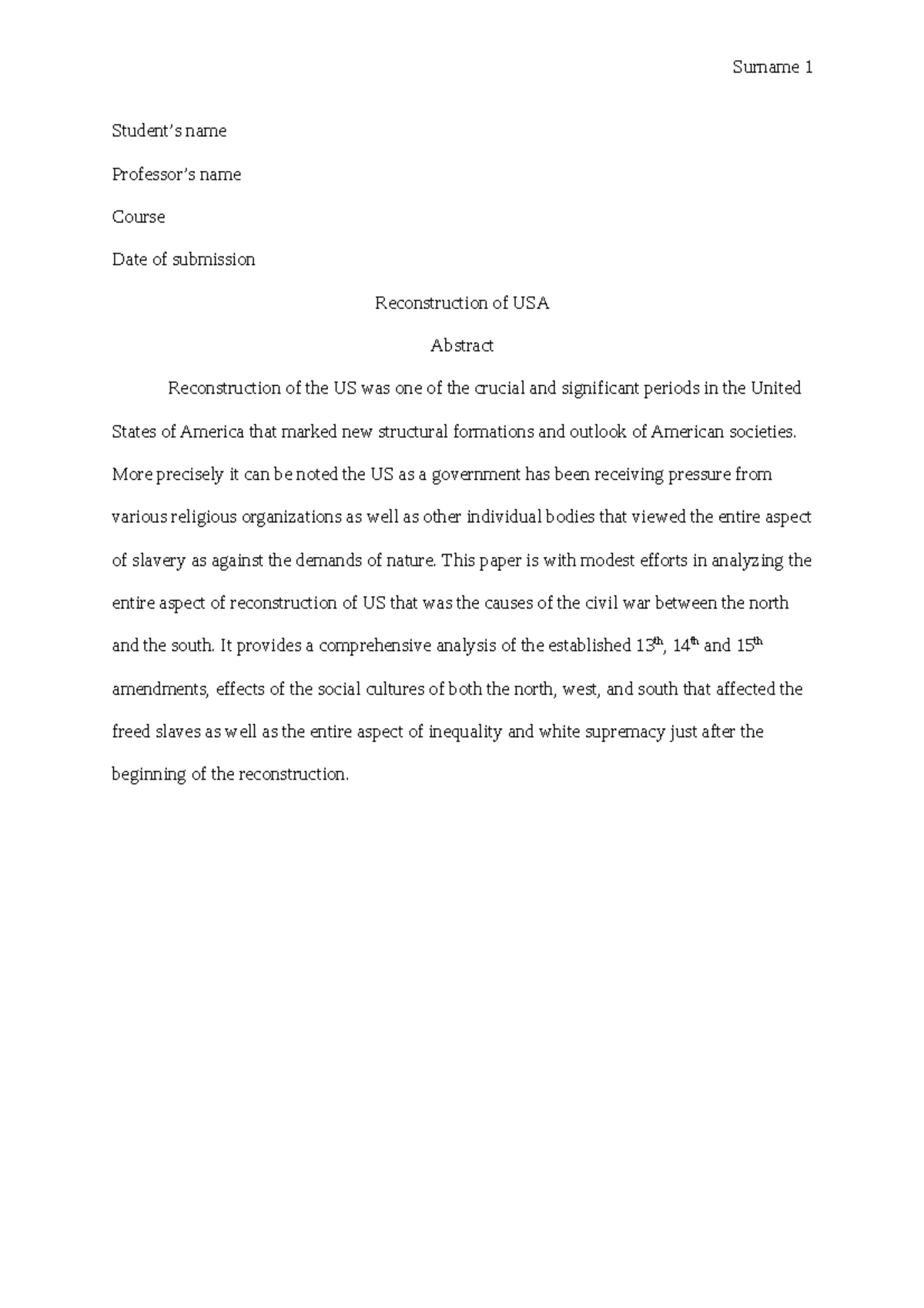 Reconstruction of USA - Student’s name Professor’s name Course Date of ...