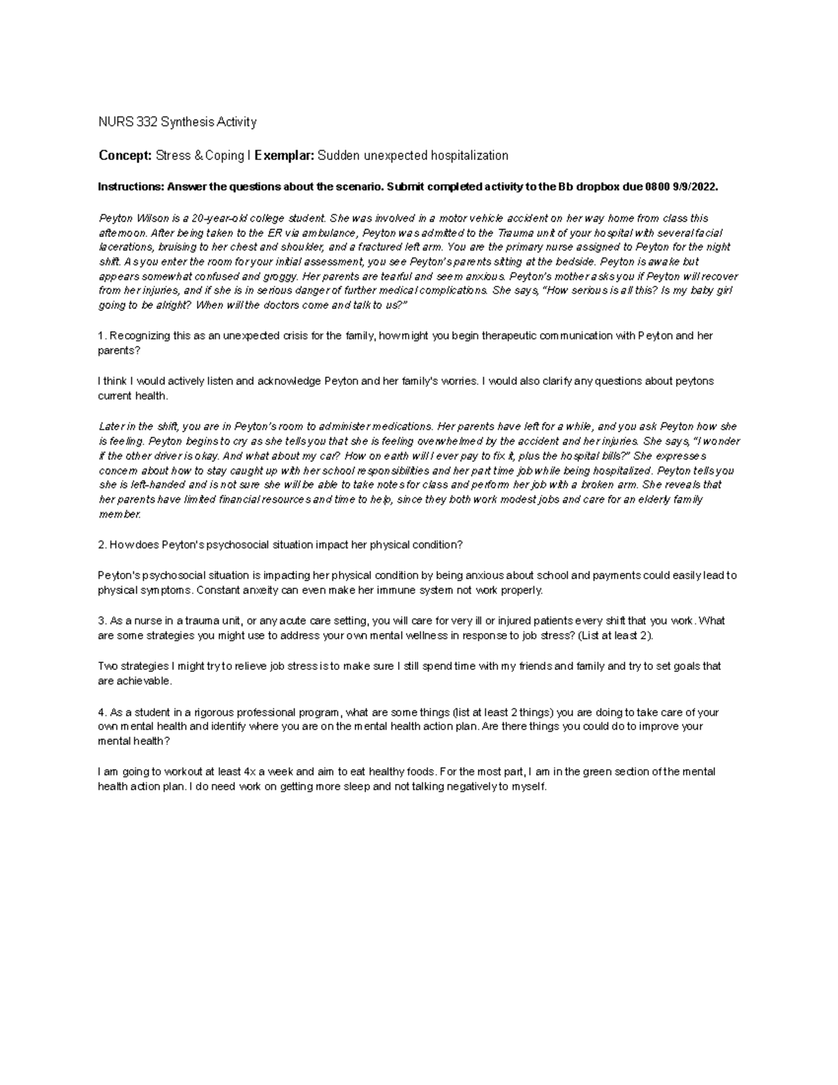 Case study: stress and coping - NURS 332 Synthesis Activity Concept ...