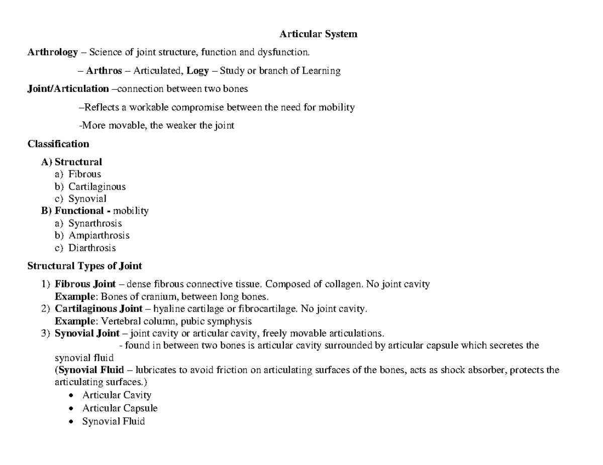 Articular-System-Reviewer - Articular System Arthrology – Science of ...