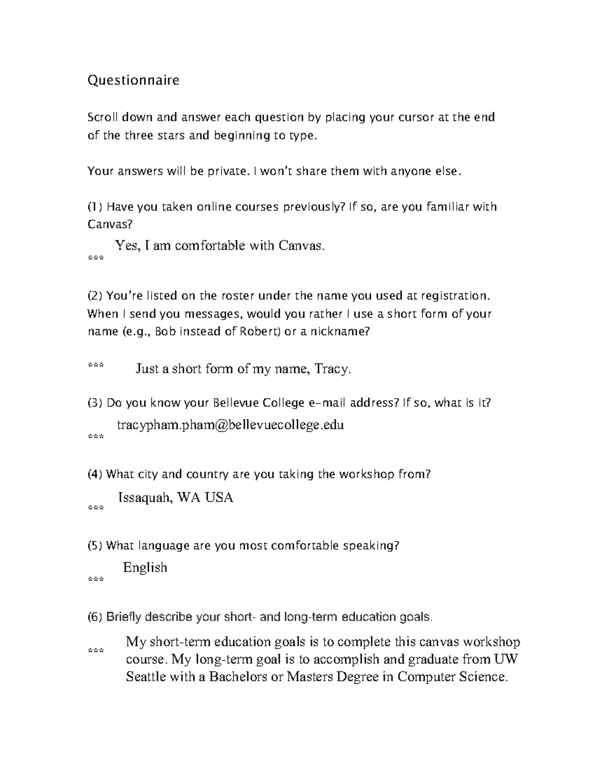 Canvas Workshop - Questionnaire - Questionnaire Scroll down and answer ...