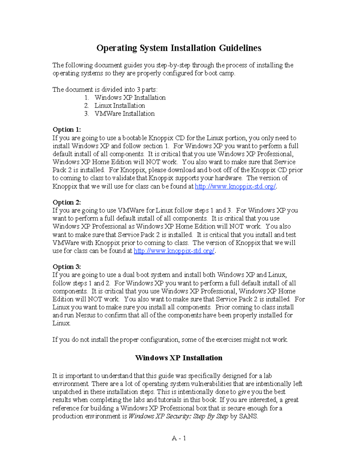 Operating System Installation Guidelines - The document is divided into ...