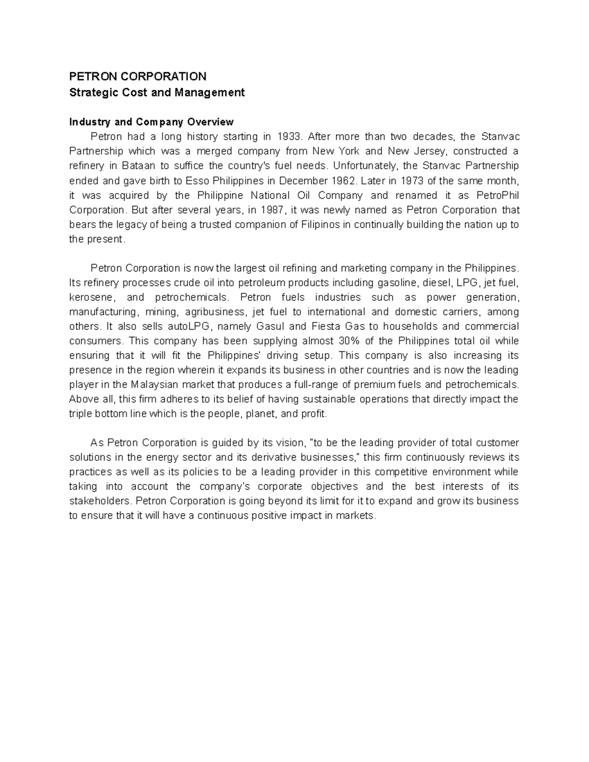 Petron Corporation - Module 1 Activity - PETRON CORPORATION Strategic ...