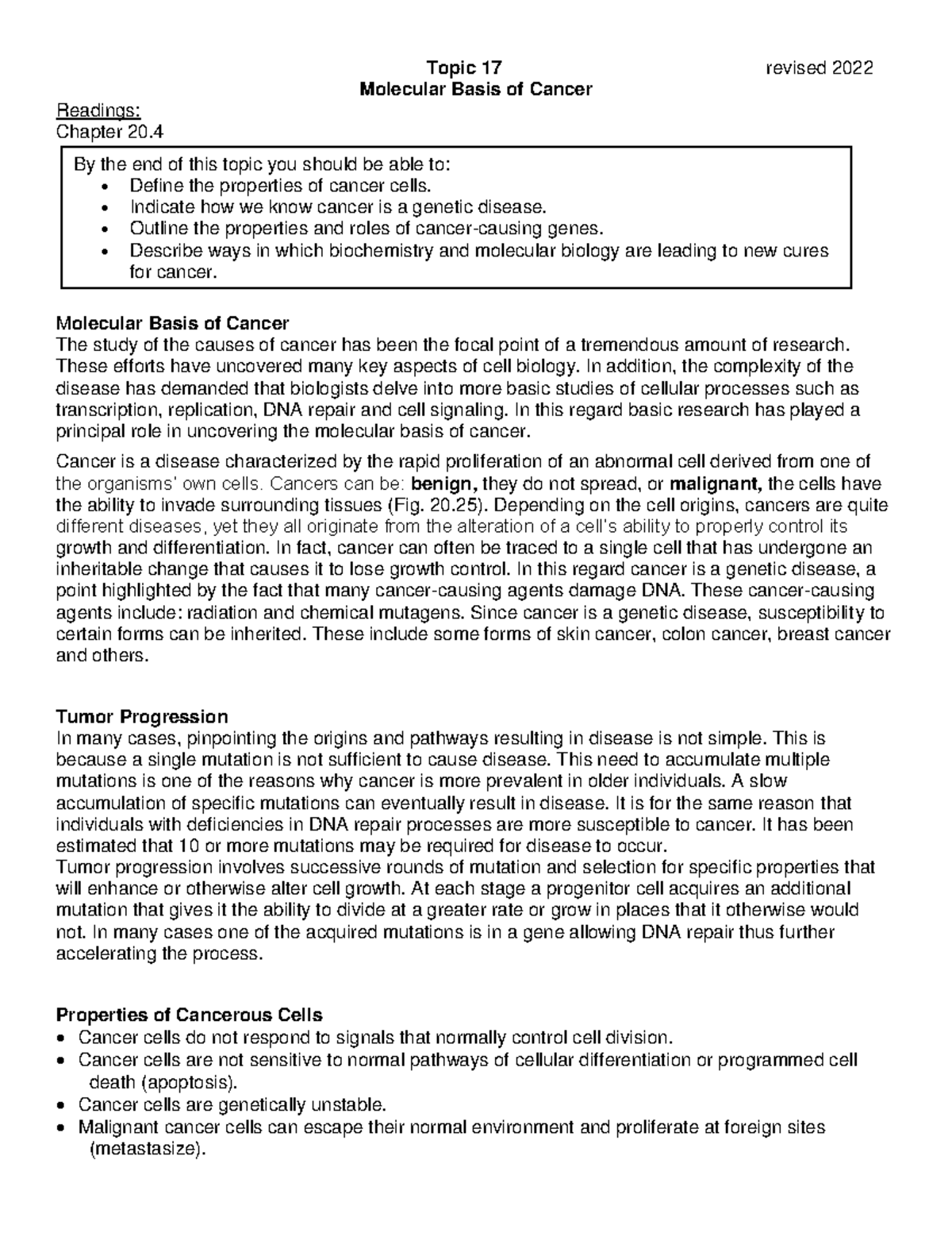 Topic 17 Lecture Notes BD - Topic 17 revised 2022 Molecular Basis of ...