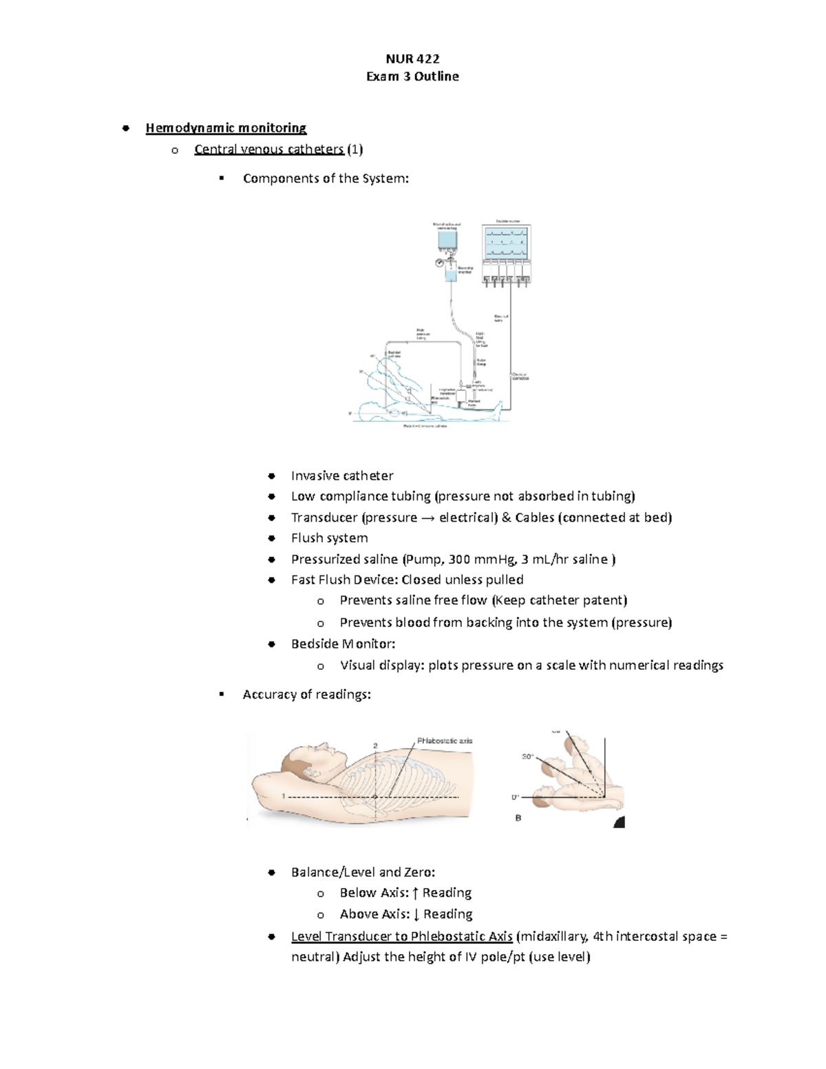 NUR 422 Exam 3 - Study Guides - Exam 3 Outline Hemodynamic monitoring o ...