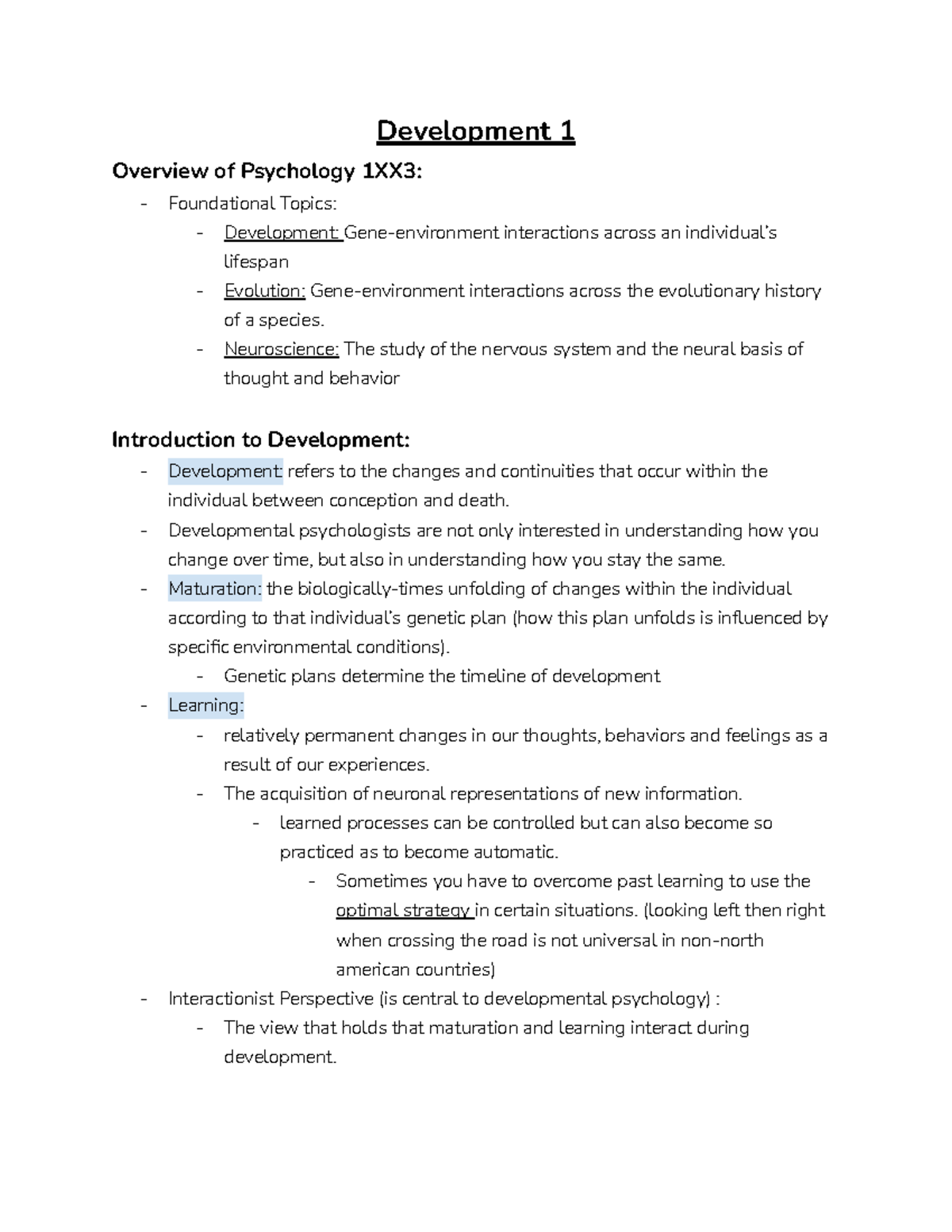 Development 1 & 2 - Development 1 Overview of Psychology 1XX3 ...