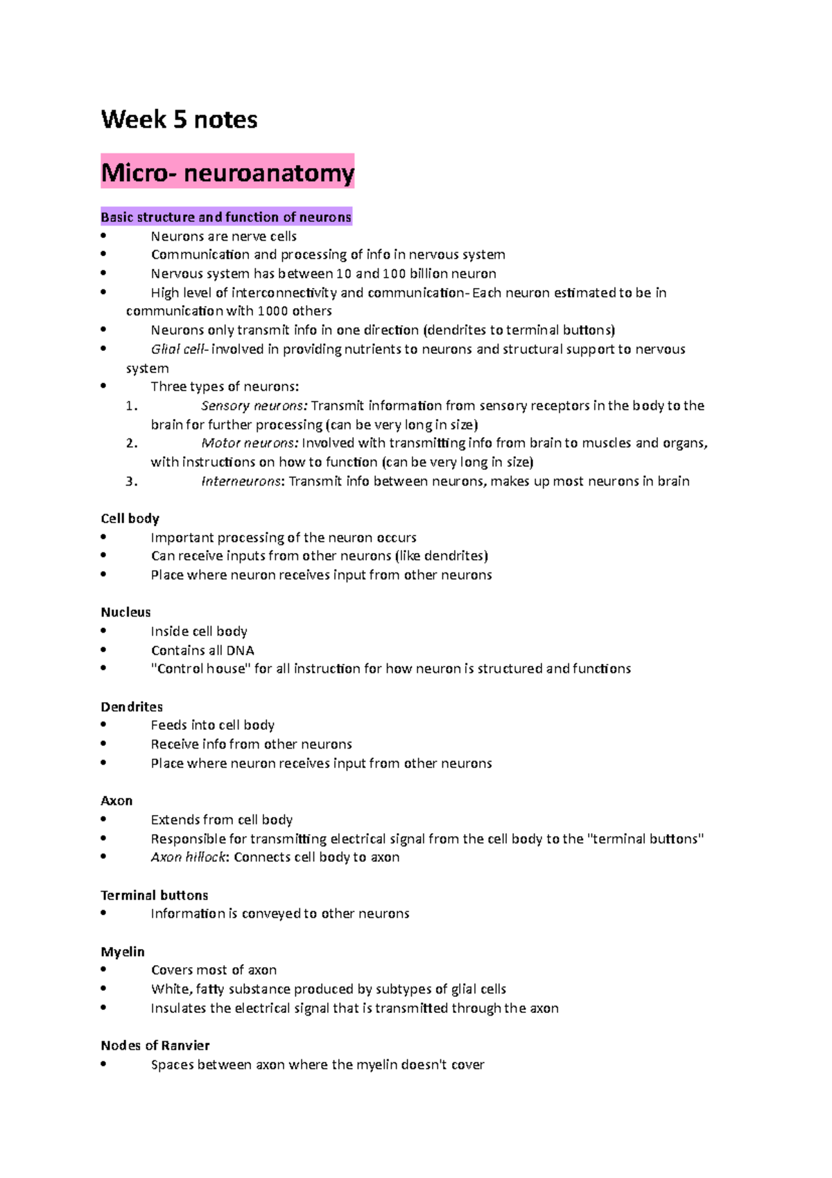 Psych A Week 5 - Lecture notes 5 - Week 5 notes Micro- neuroanatomy ...