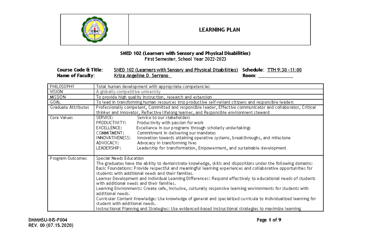 Bsned-2-SNED-102- Learning PLAN - SNED 102 (Learners with Sensory and ...