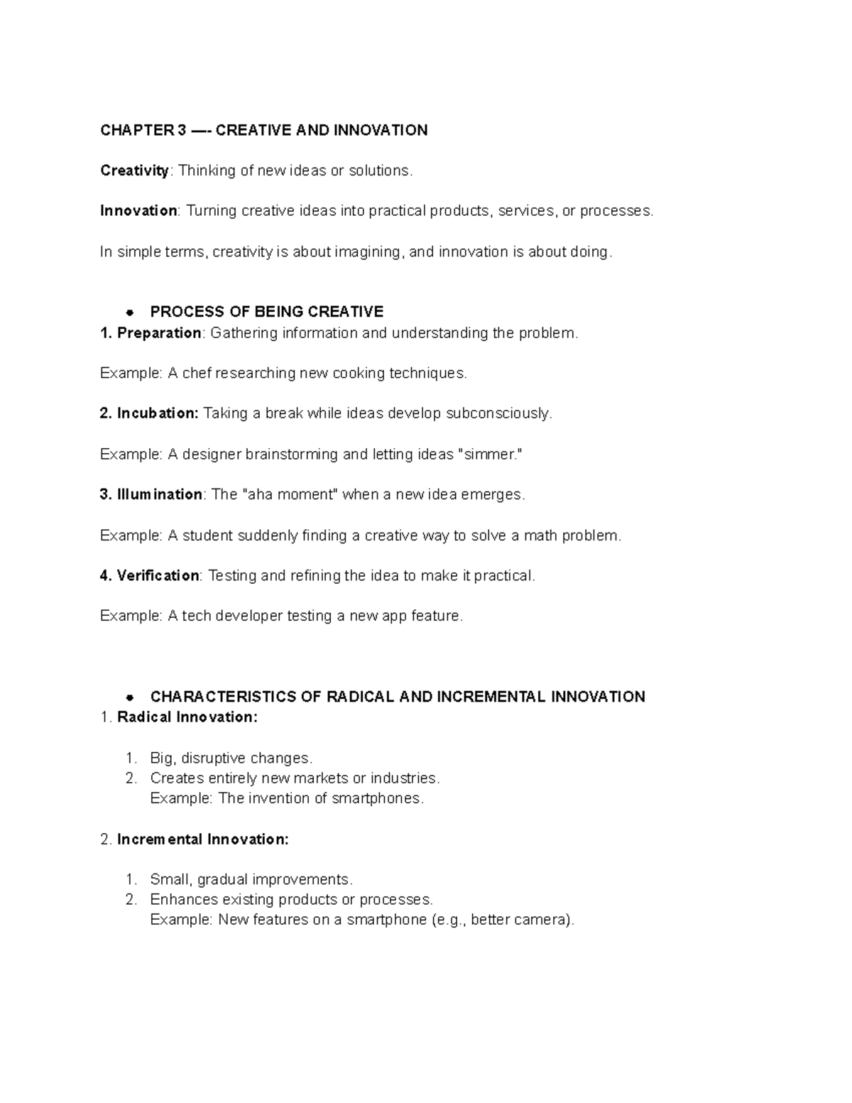 ENT Chapter 3 - CHAPTER 3 —- CREATIVE AND INNOVATION Creativity: Thinking of new ideas or ...