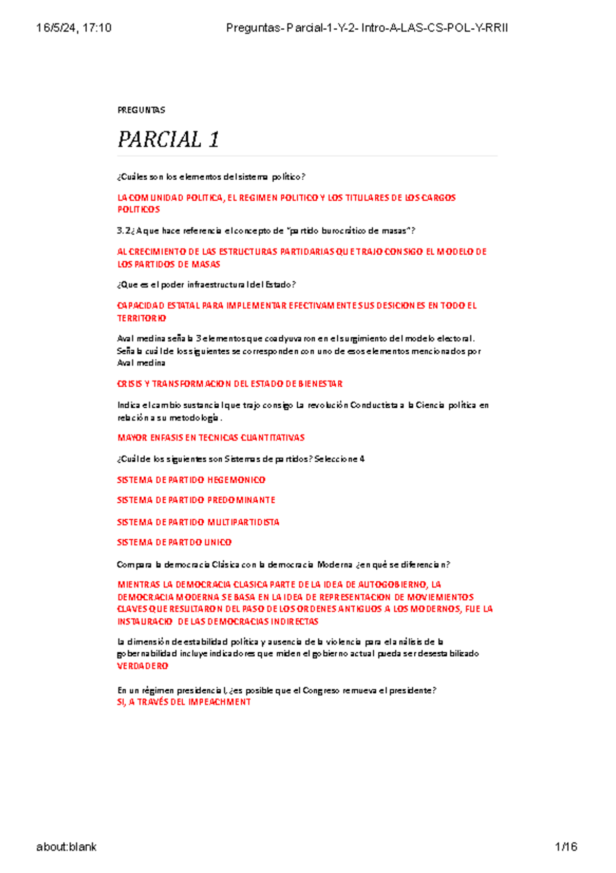 PREGUNTERO PARCIAL 1 Y 2 - PREGUNTAS PARCIAL 1 ¿Cuáles son los elementos del sistema político ...