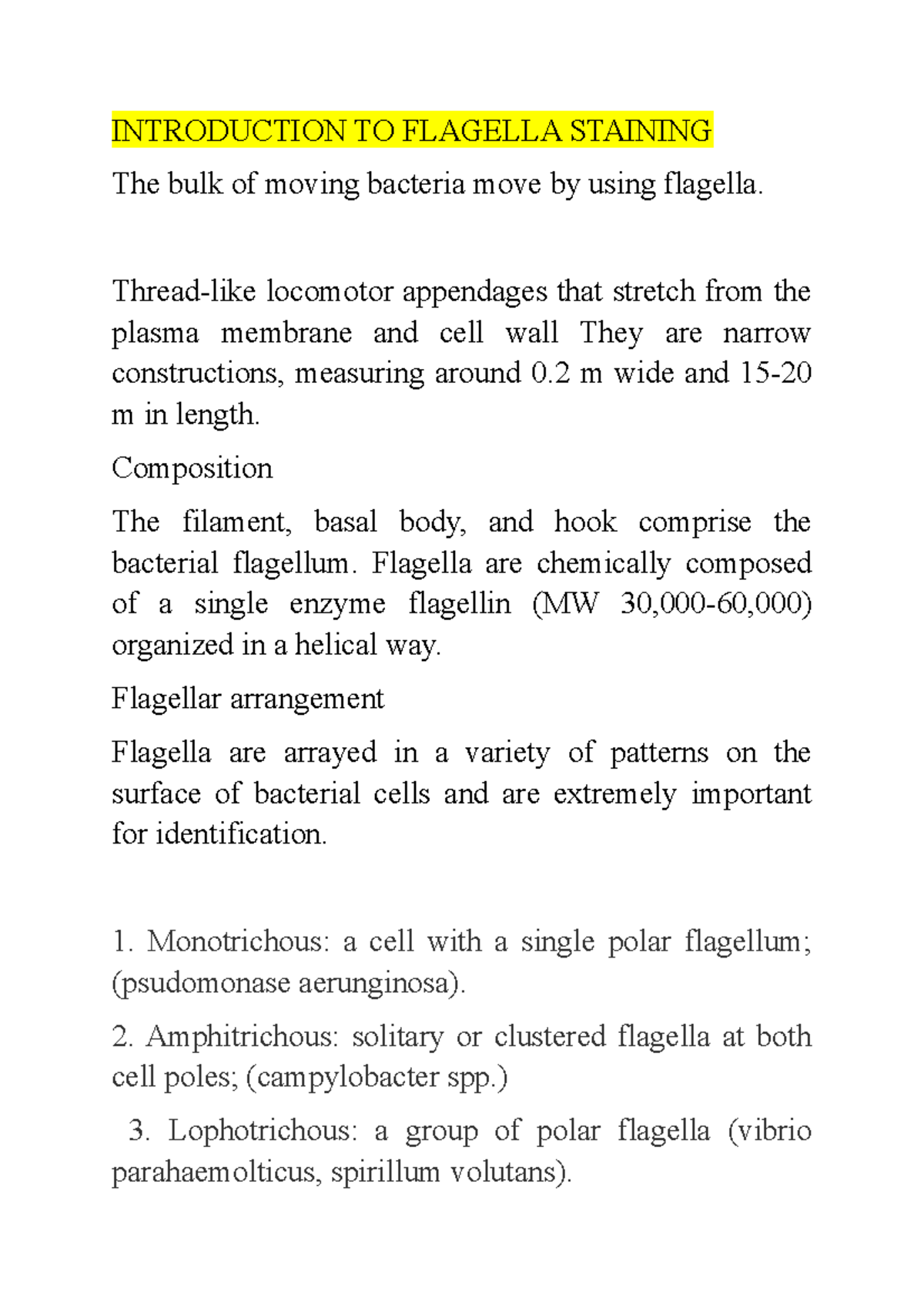 Introduction TO Flagella Staining - INTRODUCTION TO FLAGELLA STAINING ...