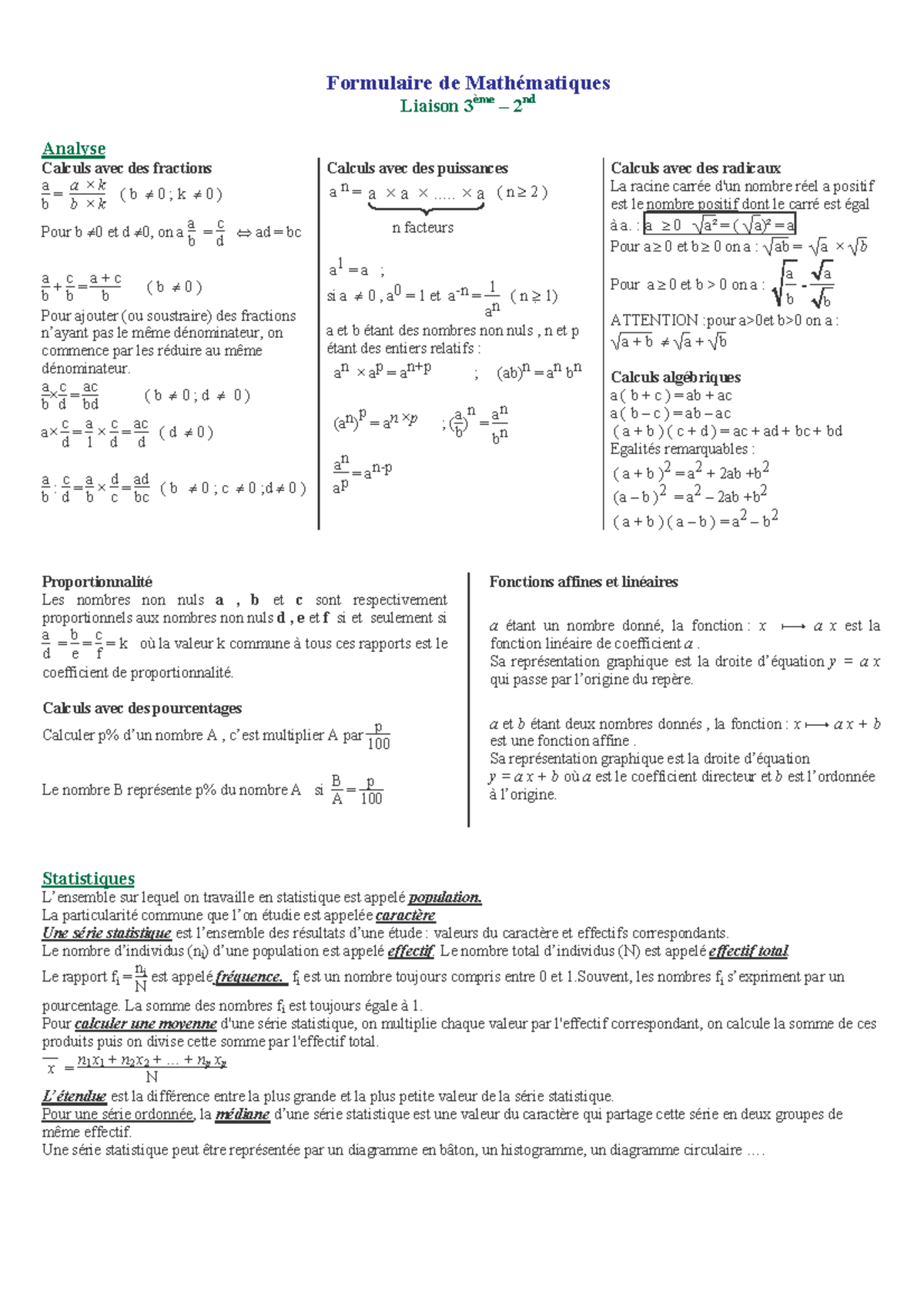 Formulaire MATH-3eme-2nd - - Studocu