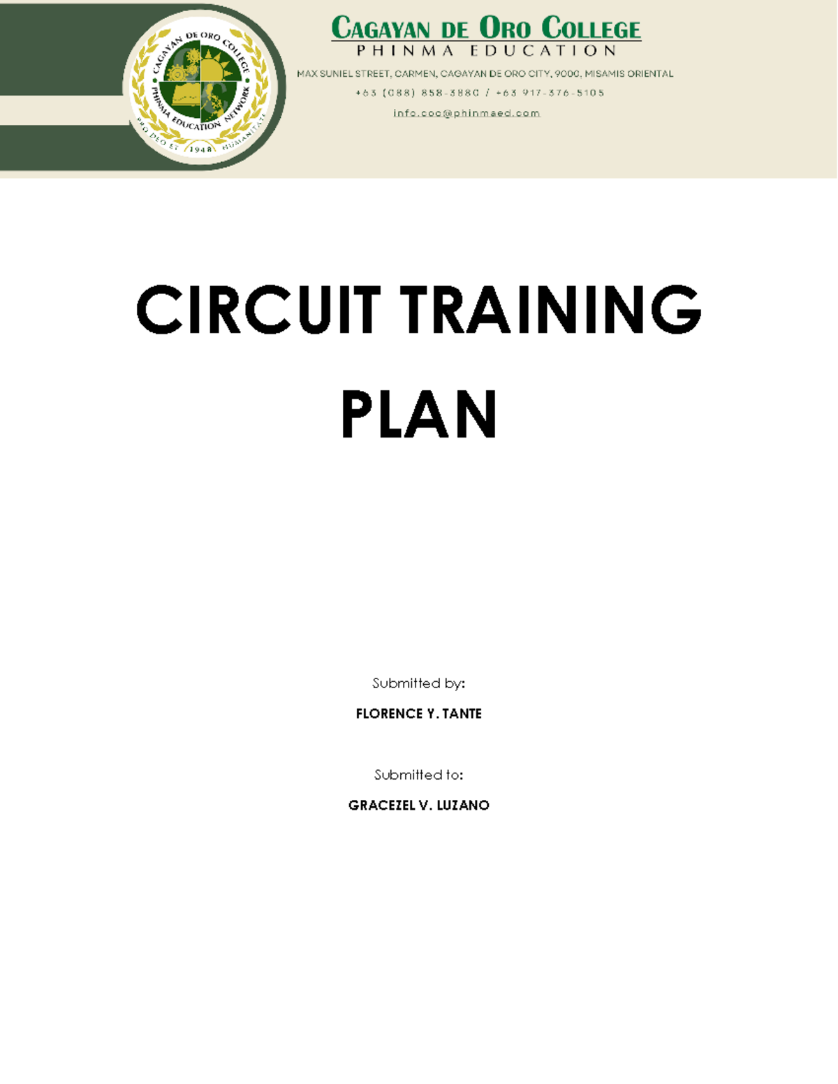 PED 030 Template - read read - CIRCUIT TRAINING PLAN Submitted by ...