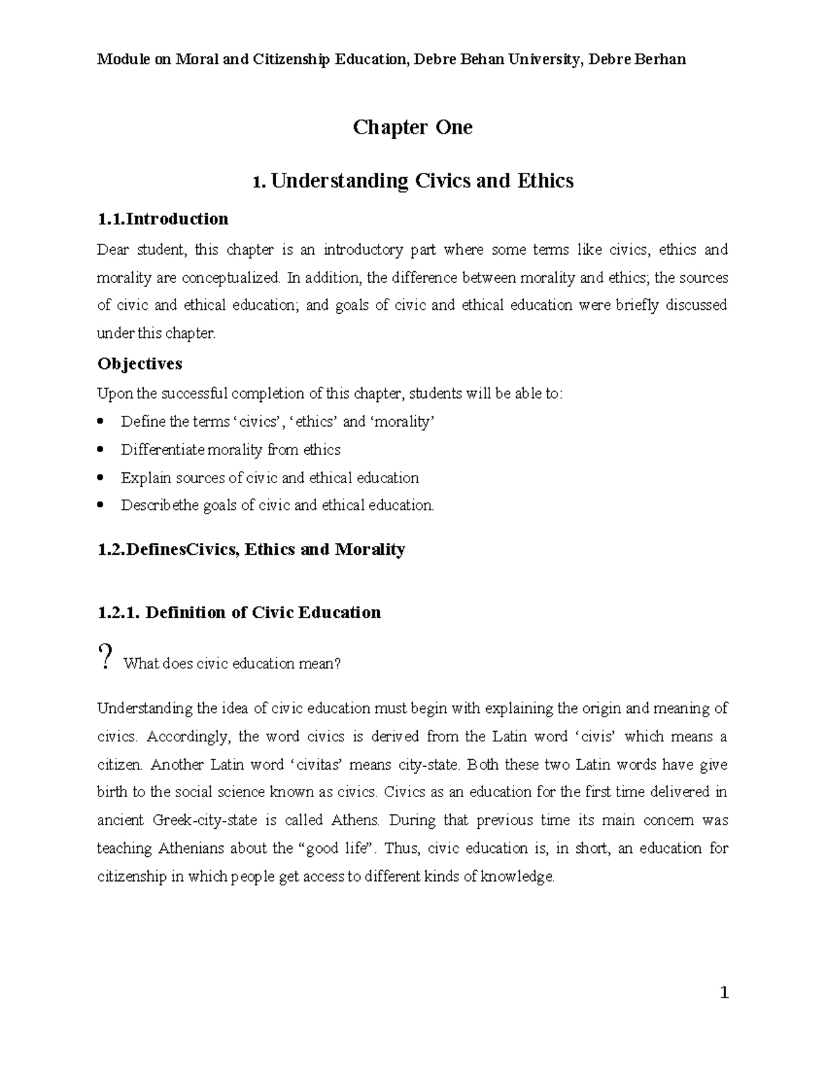 Moral AND Citizenship Module - Chapter One 1. Understanding Civics and ...