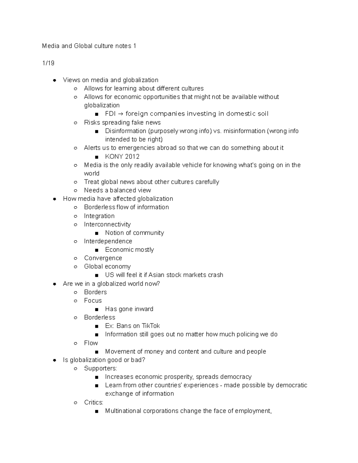 Media and global culture notes 1 - misinformation (wrong info intended ...