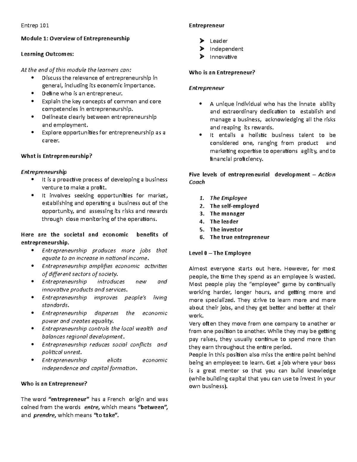 IM-1 - notes on entreprenuer - Entrep 101 Module 1: Overview of ...