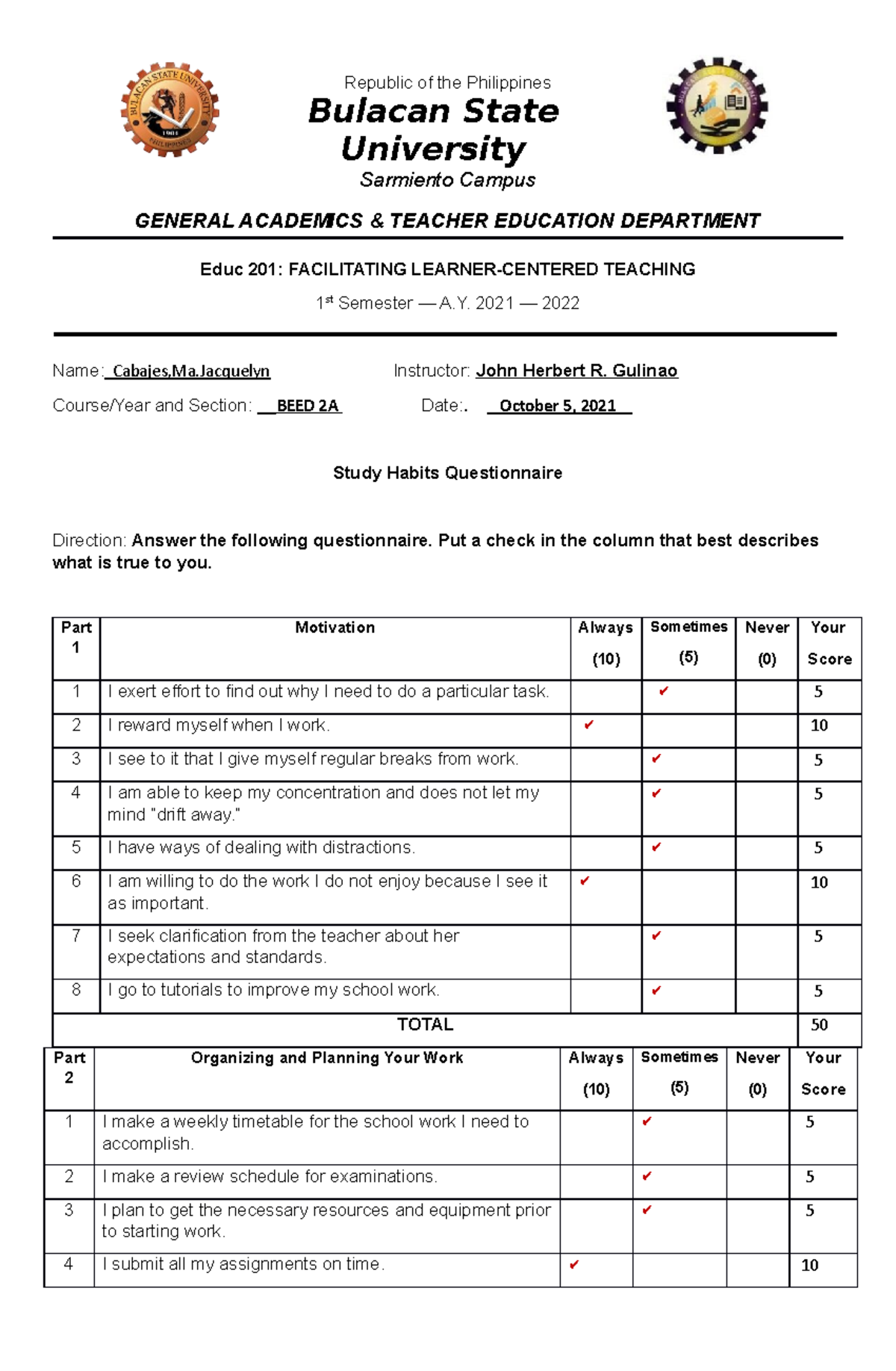 Study-Habits-Questionnaire Educ201 cabajes - Republic of the ...