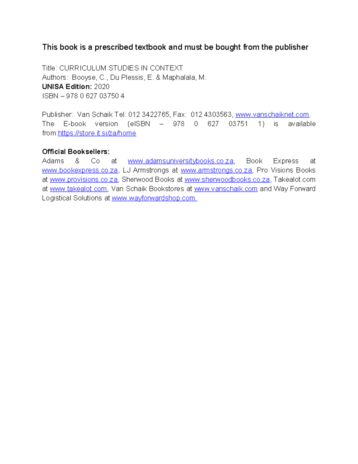 Curriculumstudiesincontext Unisaedition publisher - This book is a ...