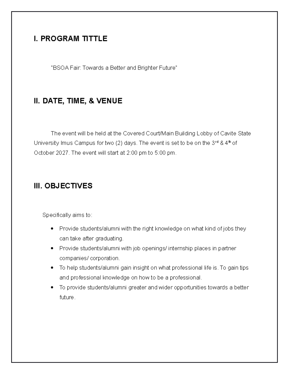 BSOA-Plans-Programs - Sample - I. PROGRAM TITTLE “BSOA Fair: Towards a ...