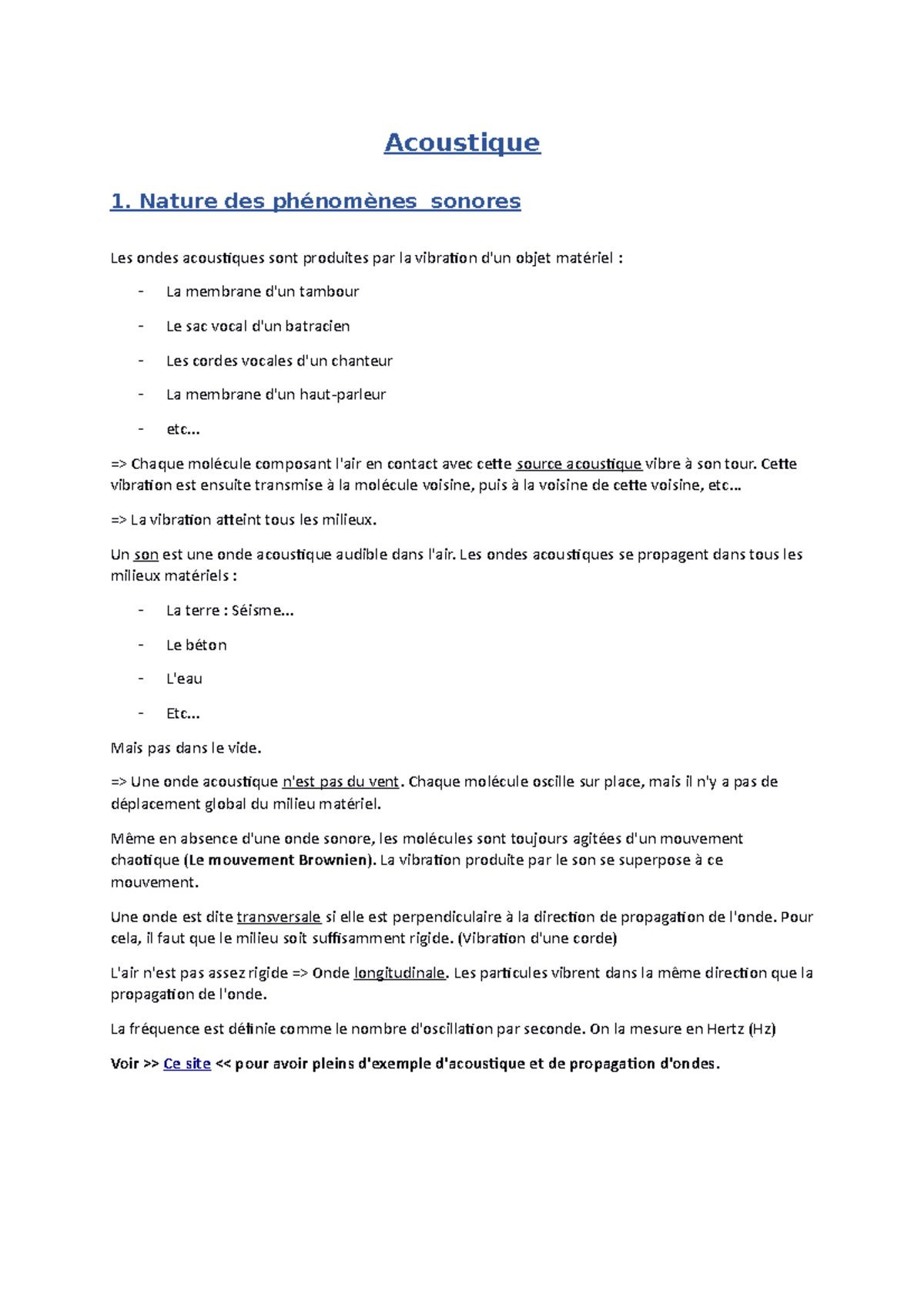 Acoustique - Notes de cours 1-12 - Acoustique 1. Nature des phénomènes ...