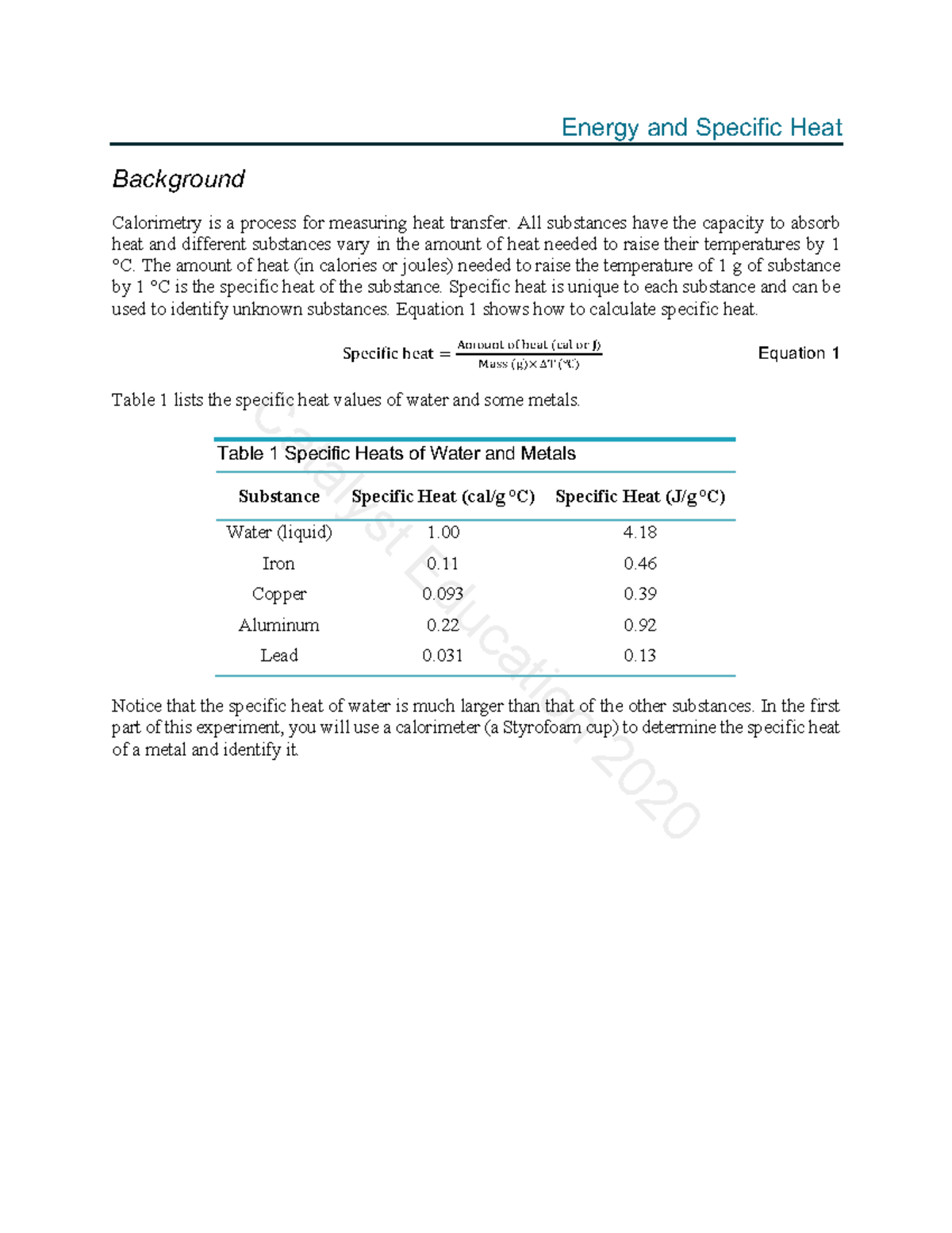 Experiment PDF - Energy and Specific Heat-2 - Catalyst Education 2020 ...