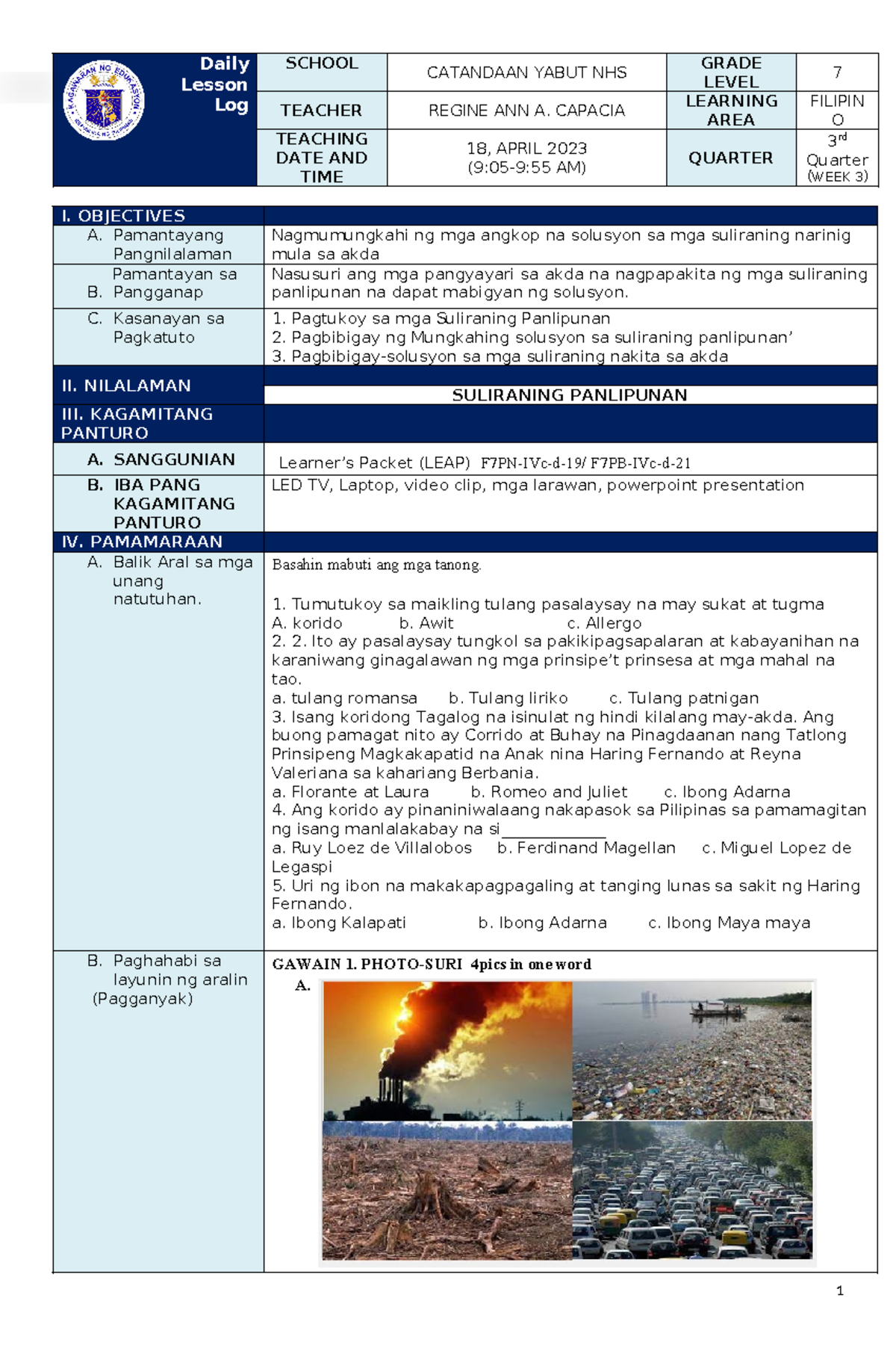 DISASTER RISK MITIGATION - Daily Lesson Log SCHOOL CATANDAAN YABUT NHS ...