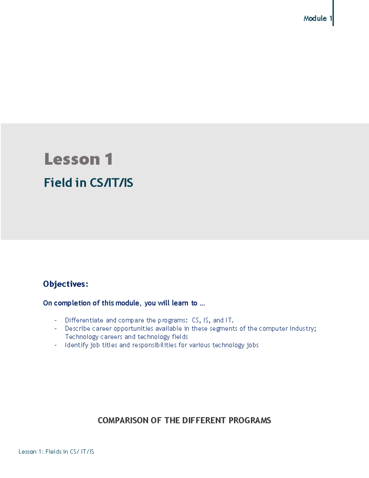 Introduction To Computing Module One Lesson One Objectives On
