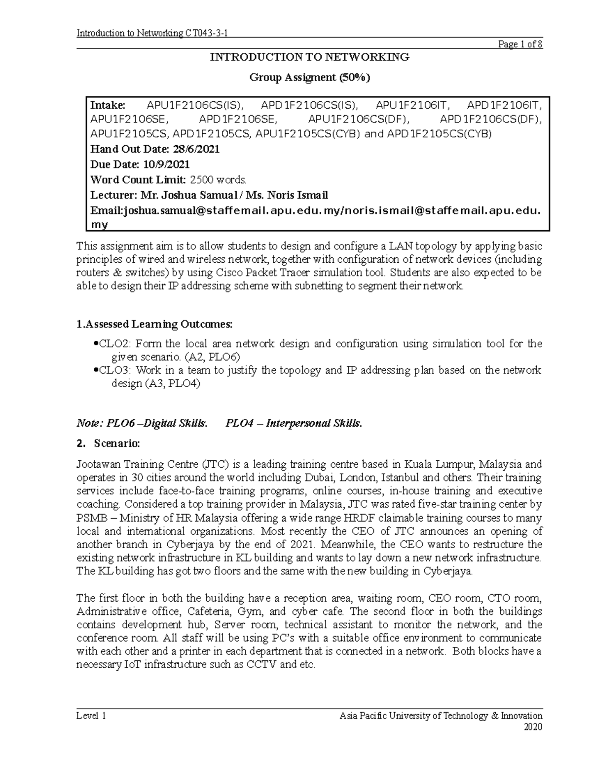 IN - Assignment guide - Good - Page 1 of 8 INTRODUCTION TO NETWORKING Group Assigment (50% ...