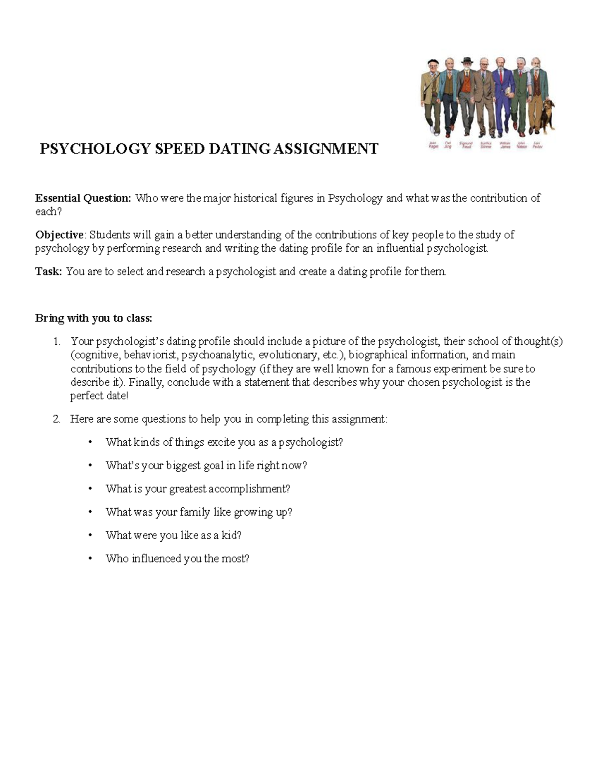 Dating Profile Worksheet - PSYCHOLOGY SPEED DATING ASSIGNMENT Essential ...