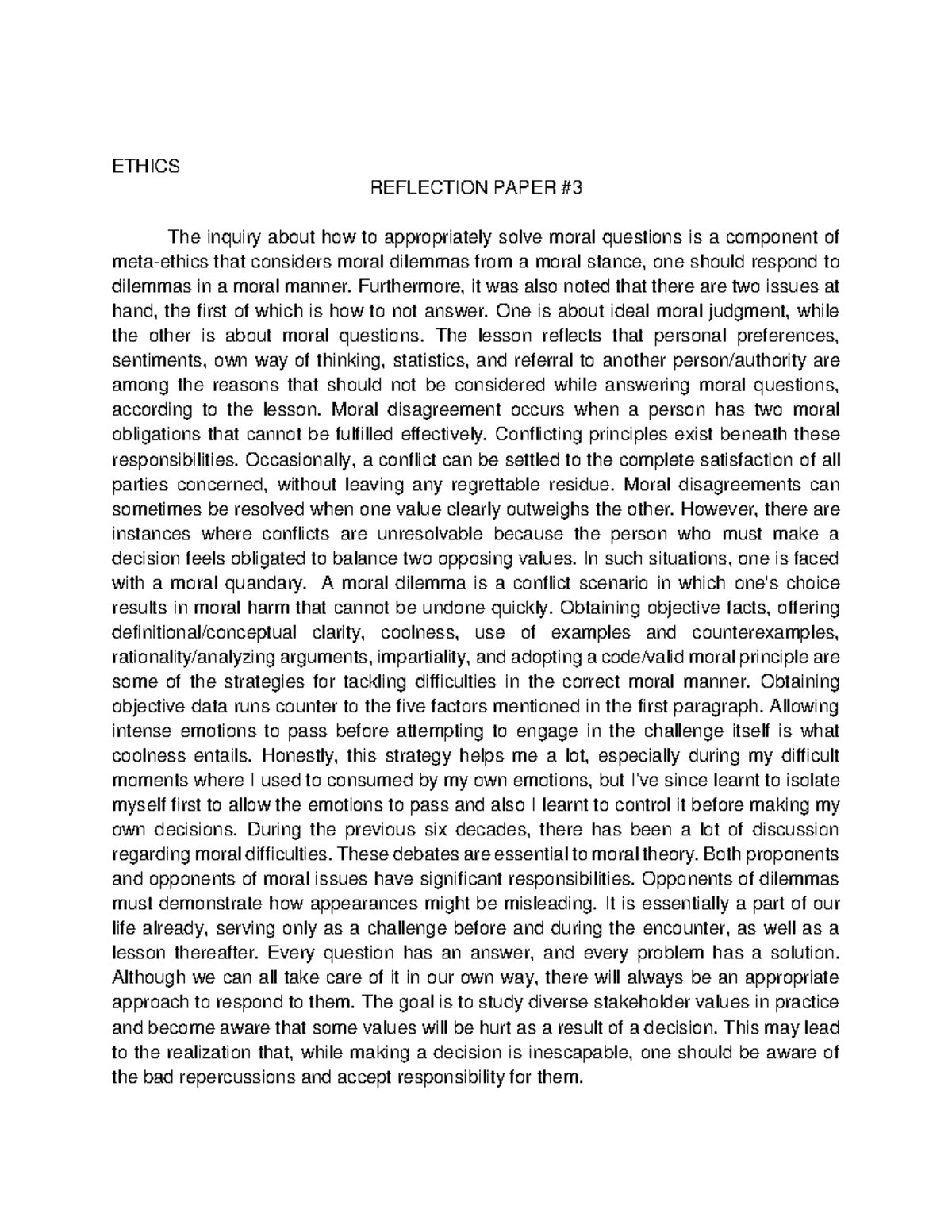 Ethics reflection paper 3 - MONTINEZ, QUENY JOY B. BSA 1- ETHICS ...