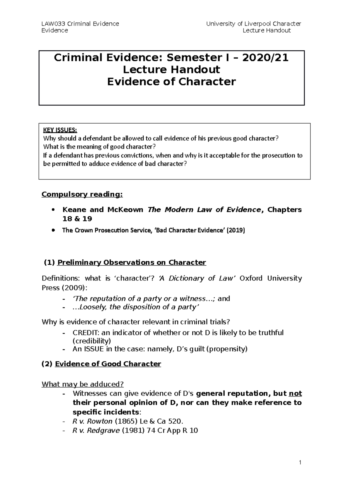 Evidence of Character Lecture Handout 2020 - Evidence Lecture Handout Criminal Evidence ...