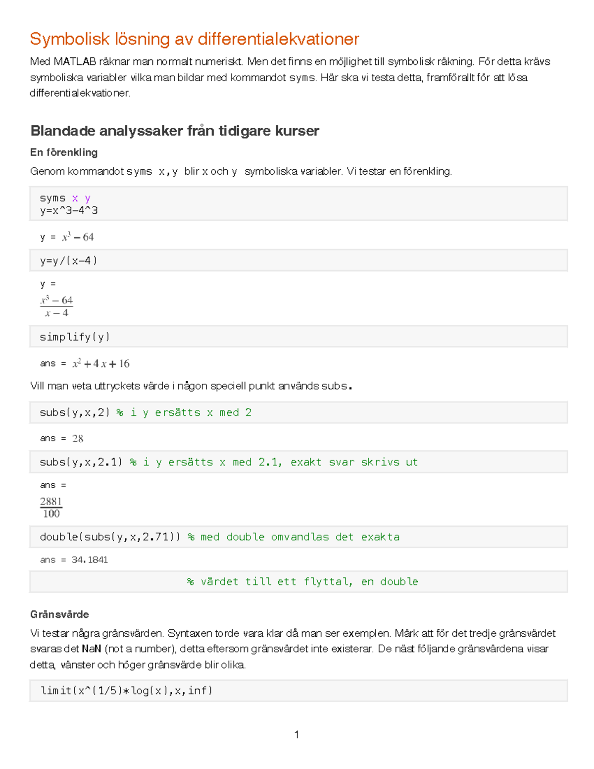 Del5 Matlab matte - Symbolisk lösning av differentialekvationer Med ...