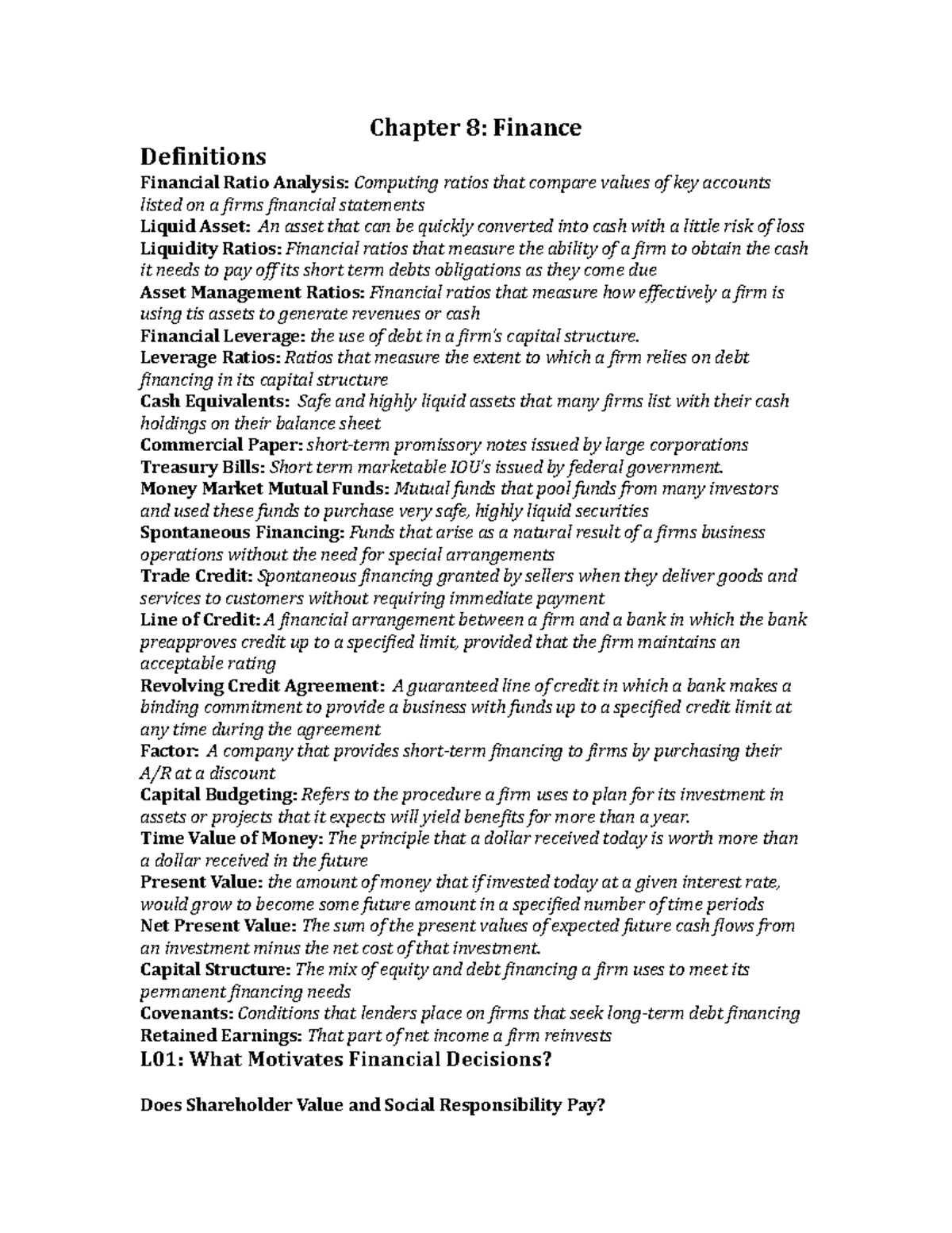 MATH 1P98 Chapter 8 - Chapter 8: Finance Definitions Financial Ratio ...