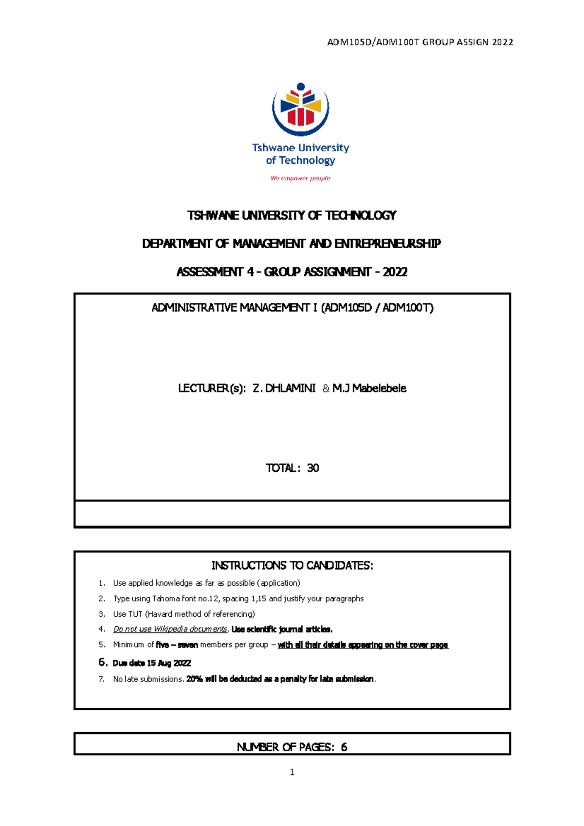 ADM105D ADM100T Group Assignment Assessment 4 JULY 2022 - 9 ]] TSHWANE ...