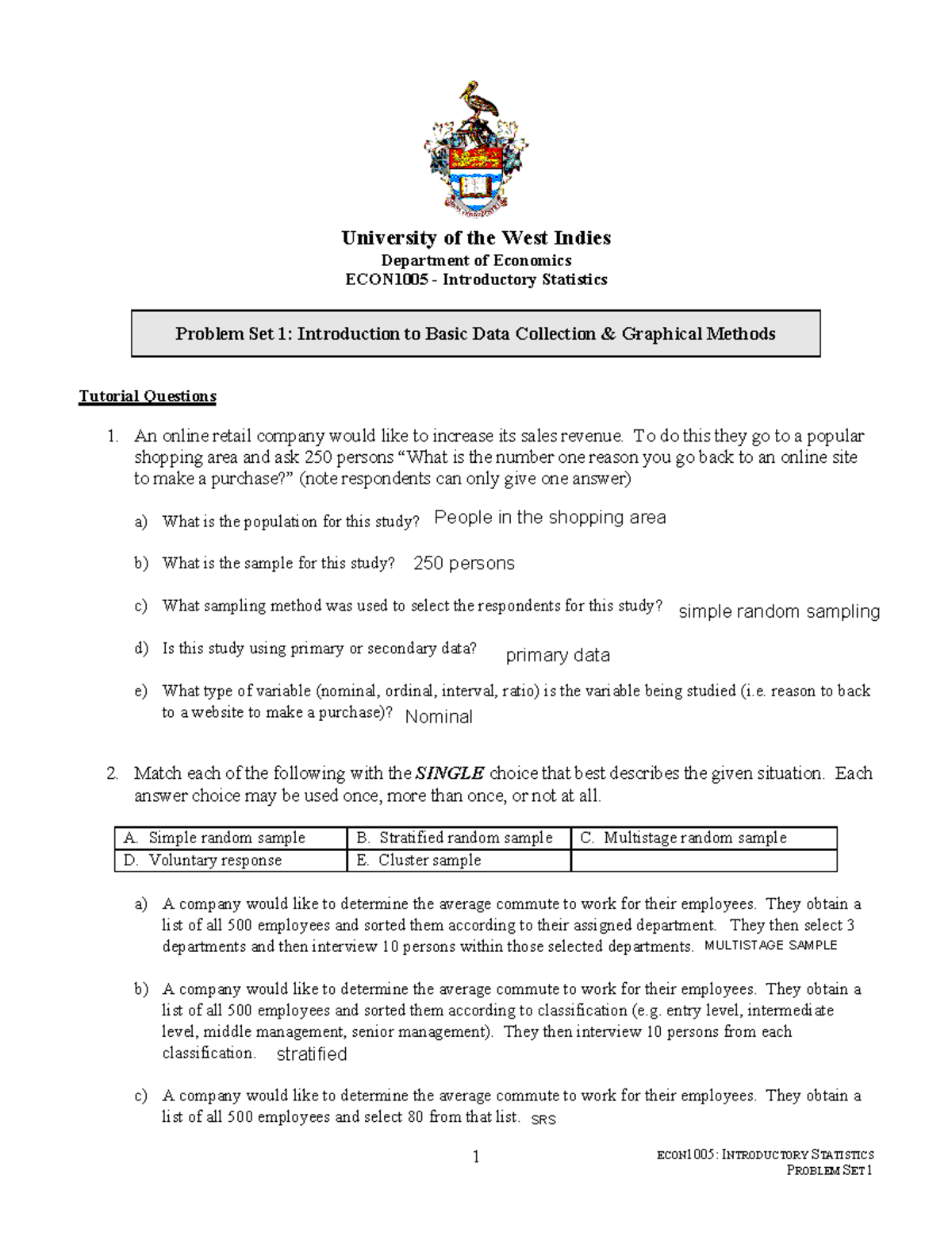 Problem Set 1 - Introduction to Basic Data Anaysis and Graphical Methods done - ECON1005: - Studocu