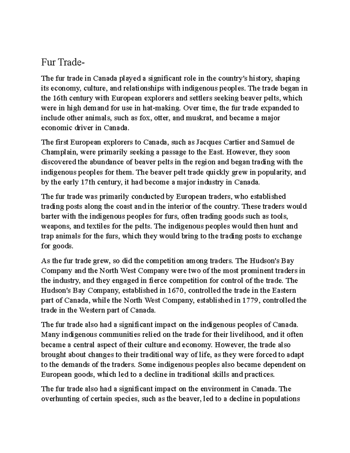Fur trade - Fur Trade- The fur trade in Canada played a significant ...