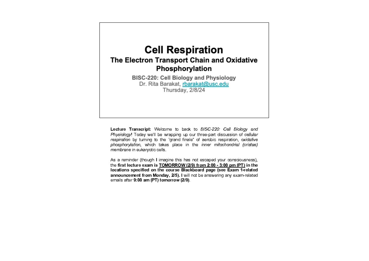 BISC-220 Lecture 10(1) - Lecture Transcript: Welcome to back to BISC ...