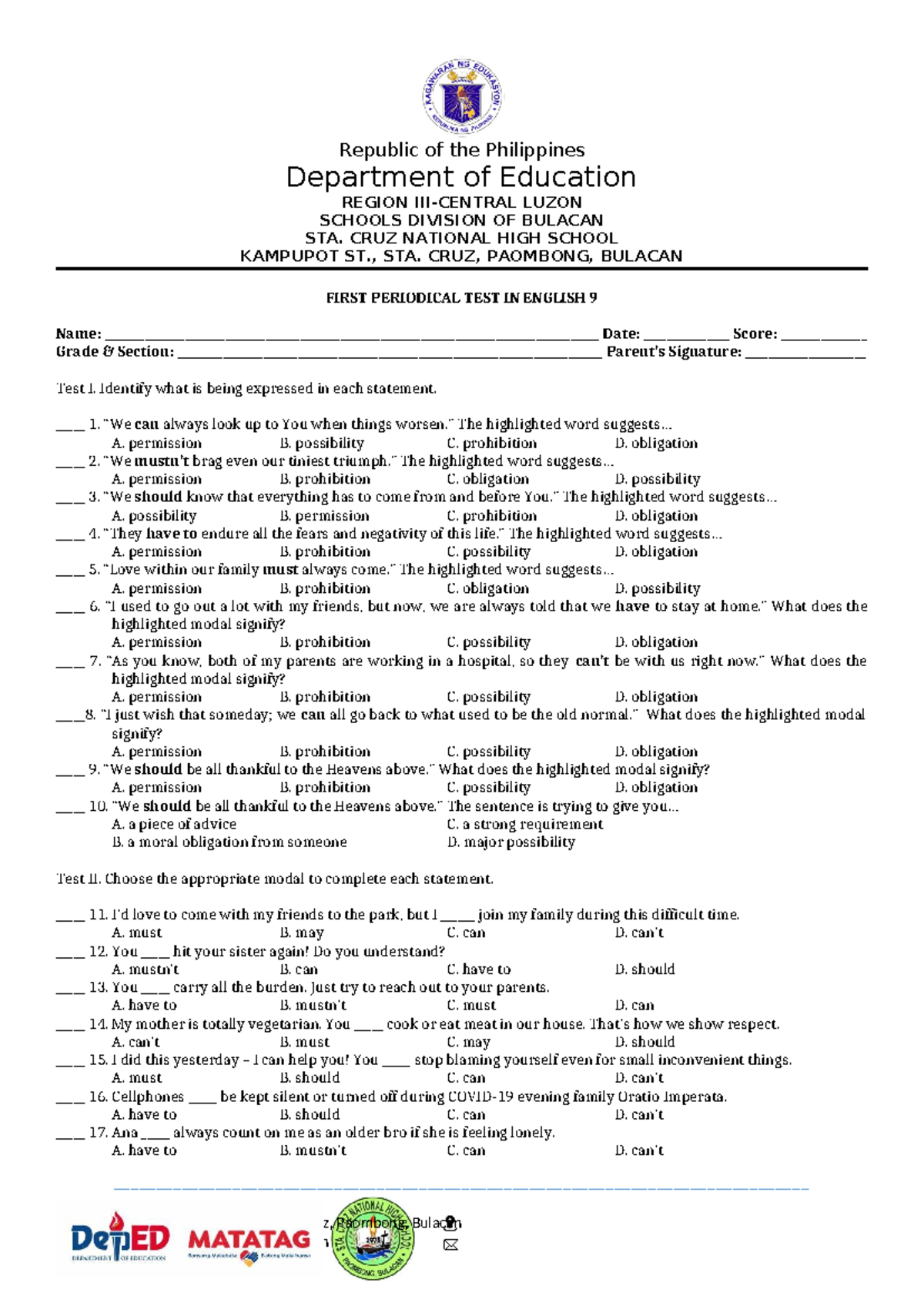 ENG9-PT1 - exam 1st quarter - Republic of the Philippines Department of ...