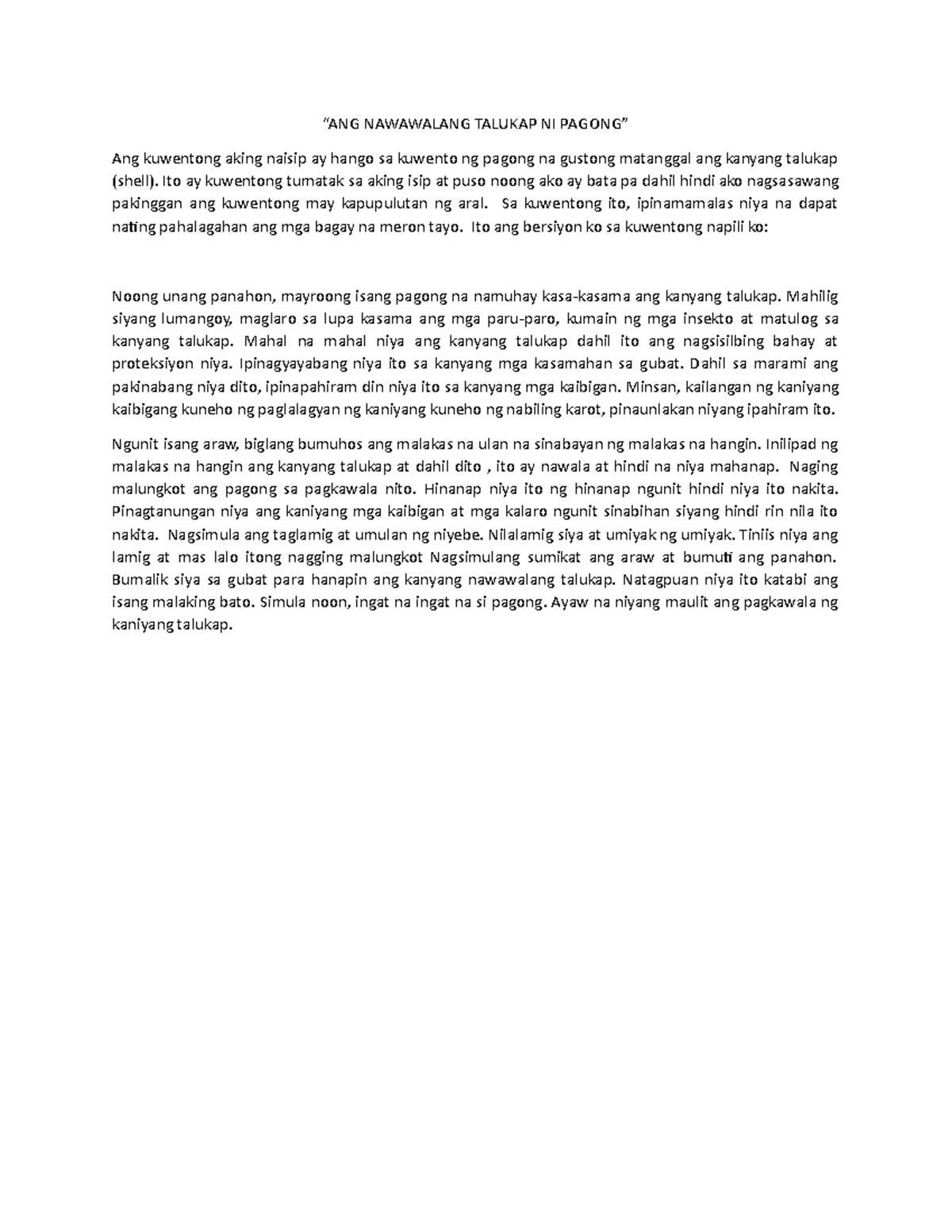 ANG Nawawalang Talukap NI Pagong - “ANG NAWAWALANG TALUKAP NI PAGONG ...