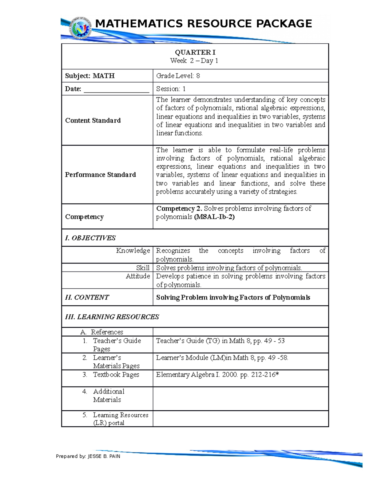 LP week 2 day 1 math 8 - Math - QUARTER I Week 2 – Day 1 Subject: MATH ...