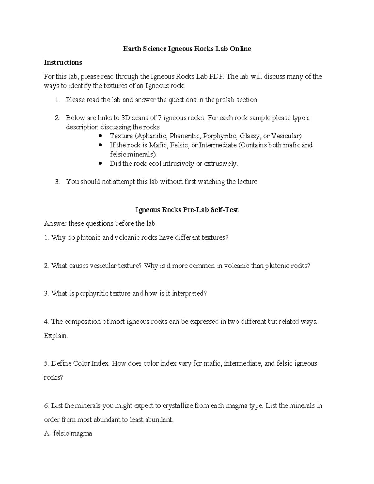 Igneous Rocks Lab Instructions - Tagged - Earth Science Igneous Rocks ...