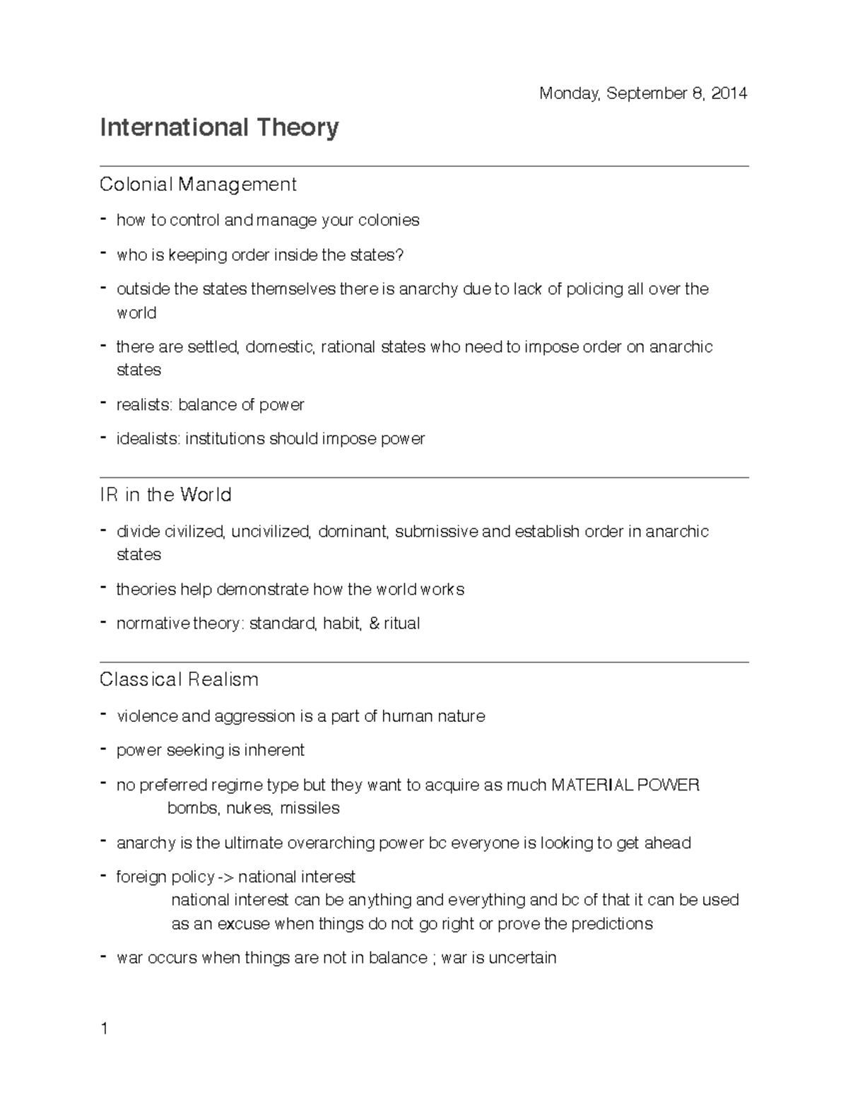 IR 308 Notes PDF - Monday, September 8, 2014 International Theory ...