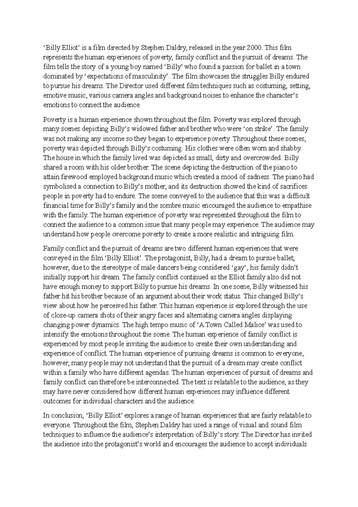 Billy Elliot Exemplar - ‘Billy Elliot’ is a film directed by Stephen ...