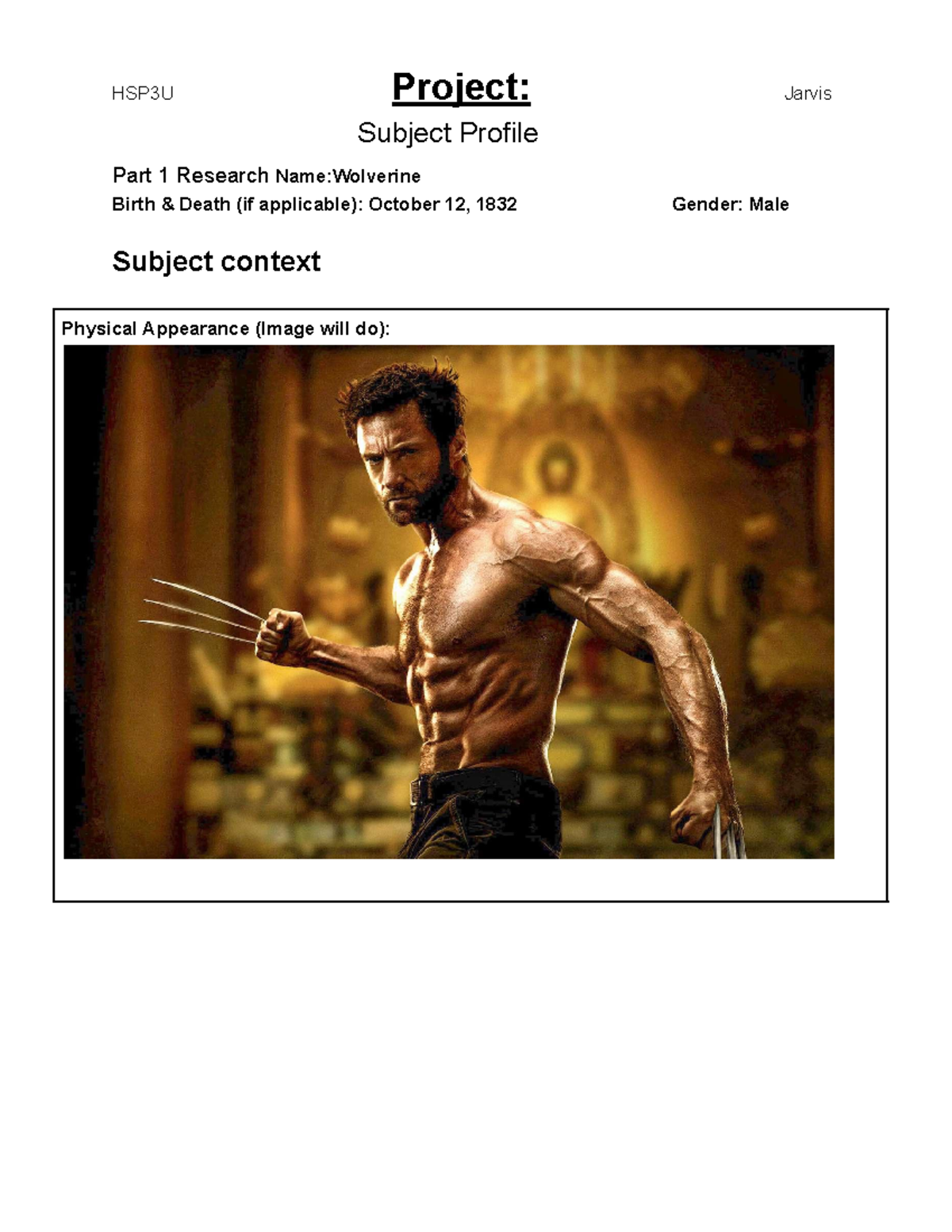 S1 HSP3U - Character profile wolverine - HSP3U Project: Jarvis Subject ...