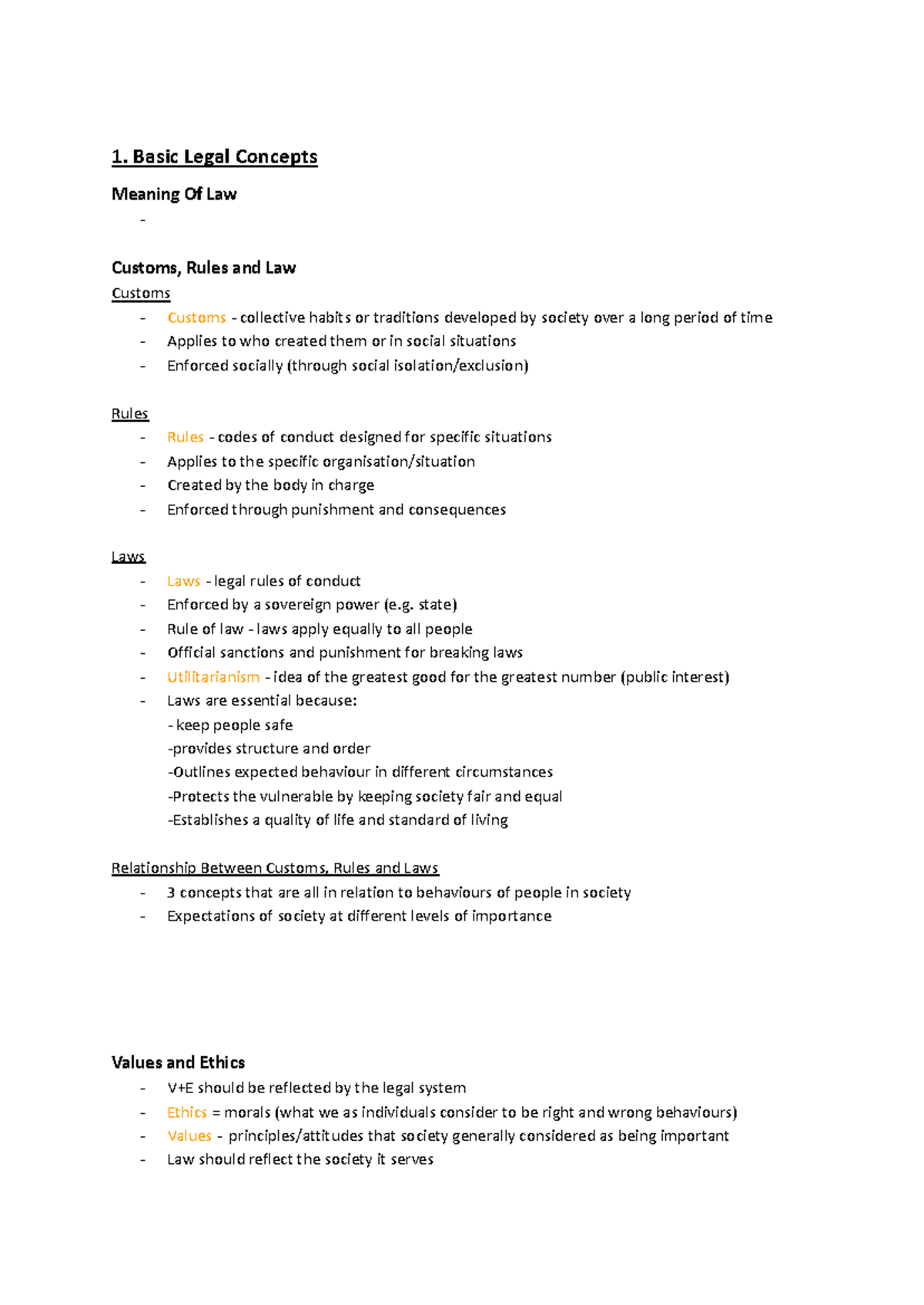 The Legal System - 1. Basic Legal Concepts Meaning Of Law - Customs ...