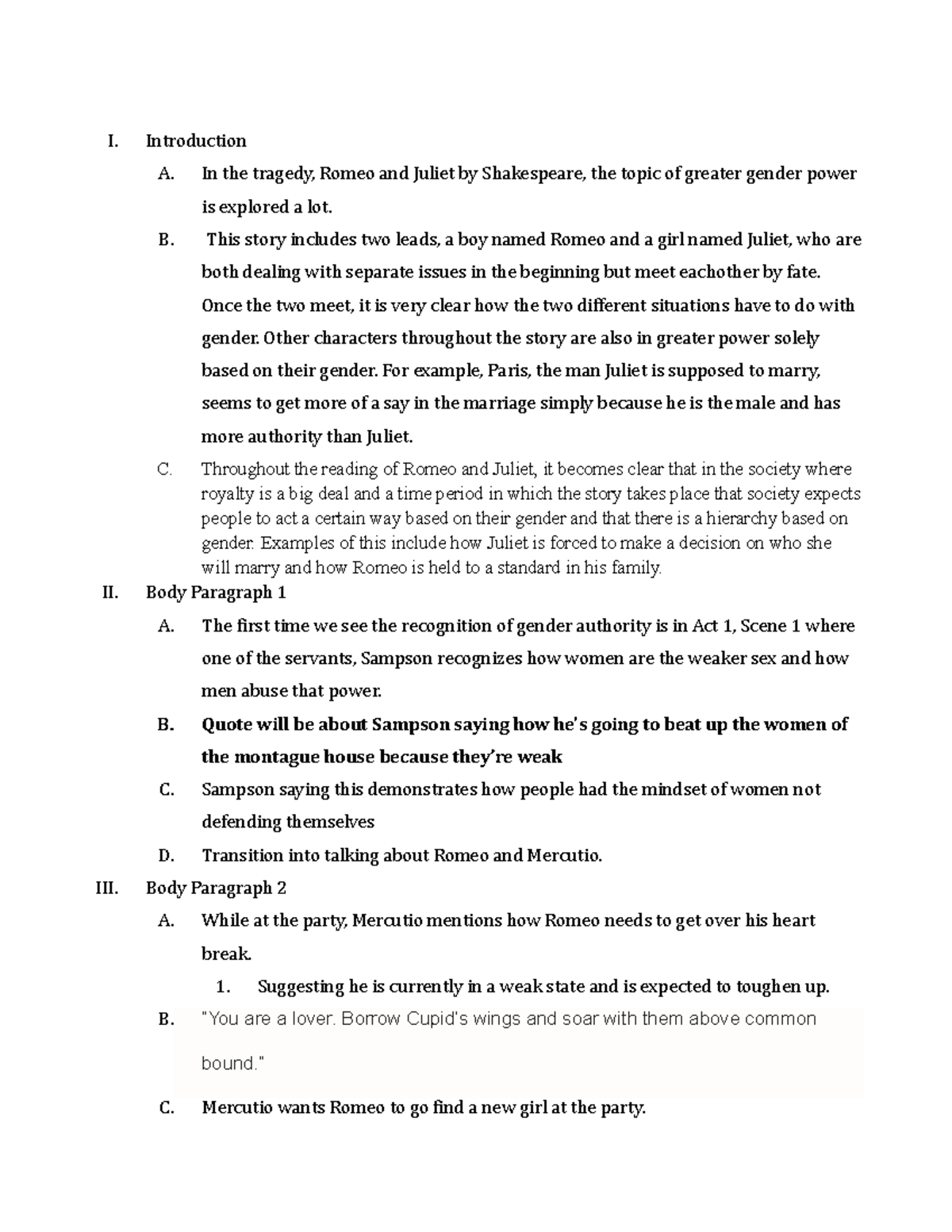 Romeo and Juliet Reflective Essay Outline with Prompt - I. Introduction ...